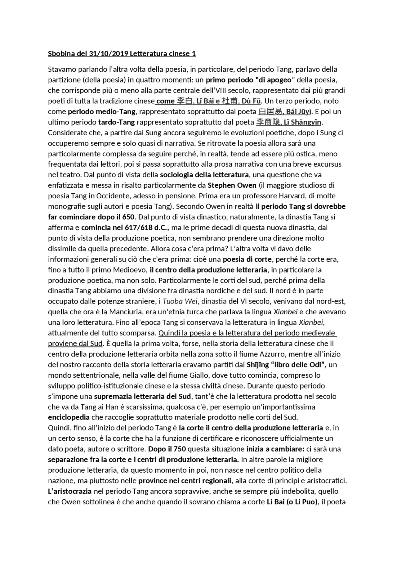 Letteratura Cinese 1 Docsity
