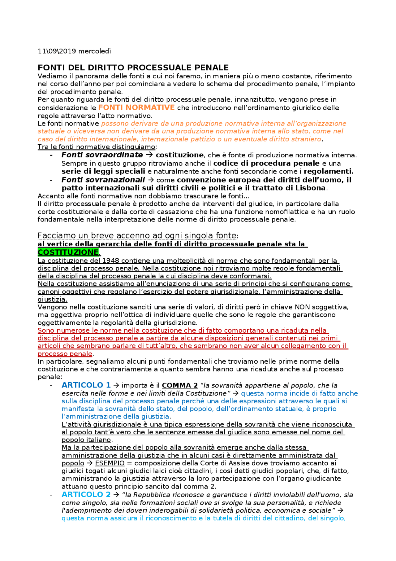 Fonti del diritto processuale penale | Appunti di Diritto Processuale Penale | Docsity