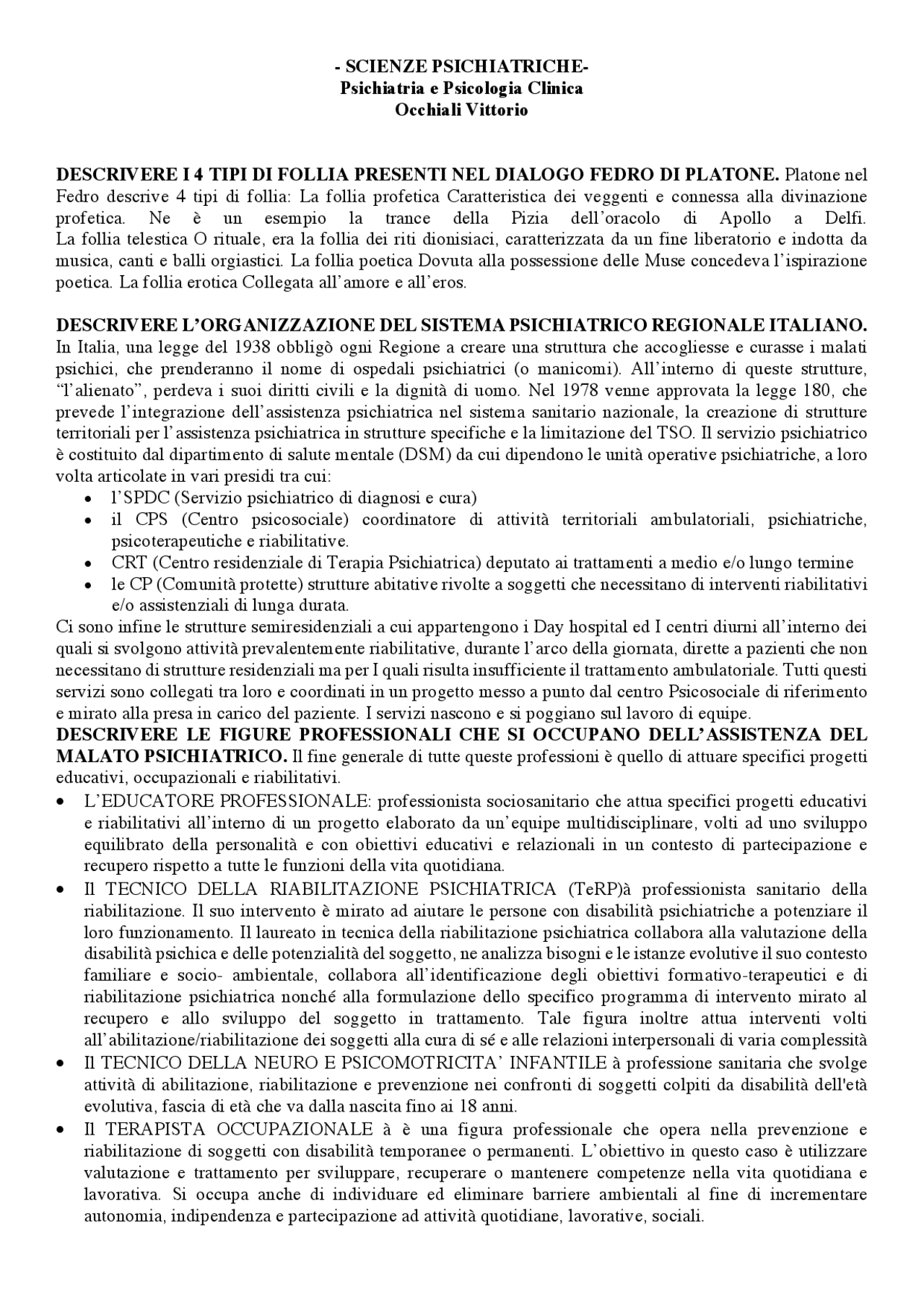 Scienze Psichiatriche Domande Aperte Integrate Con Manuale Docsity