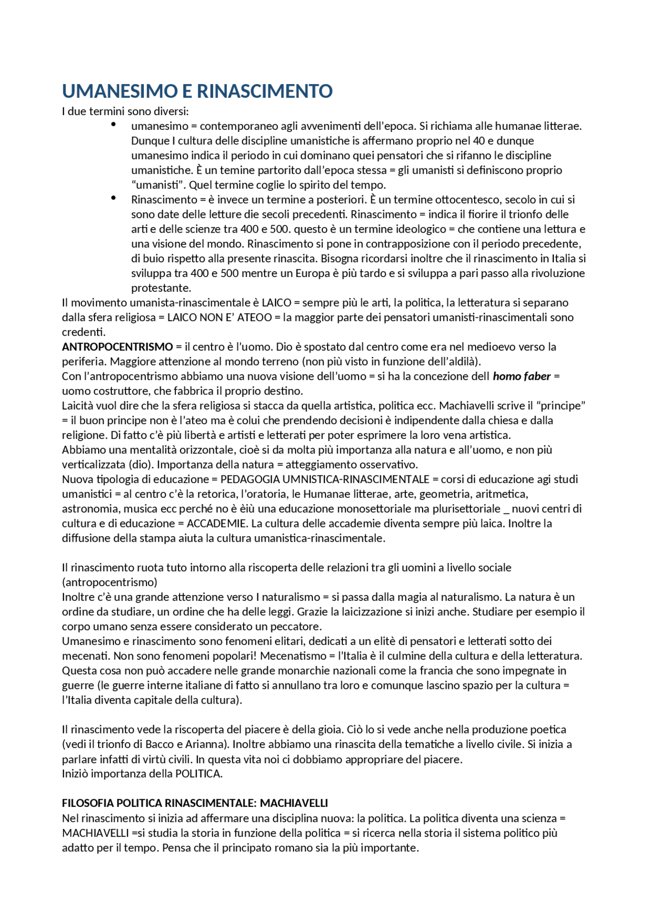 FILOSOFIA UMANESIMO E RINASCIMENTO - Docsity