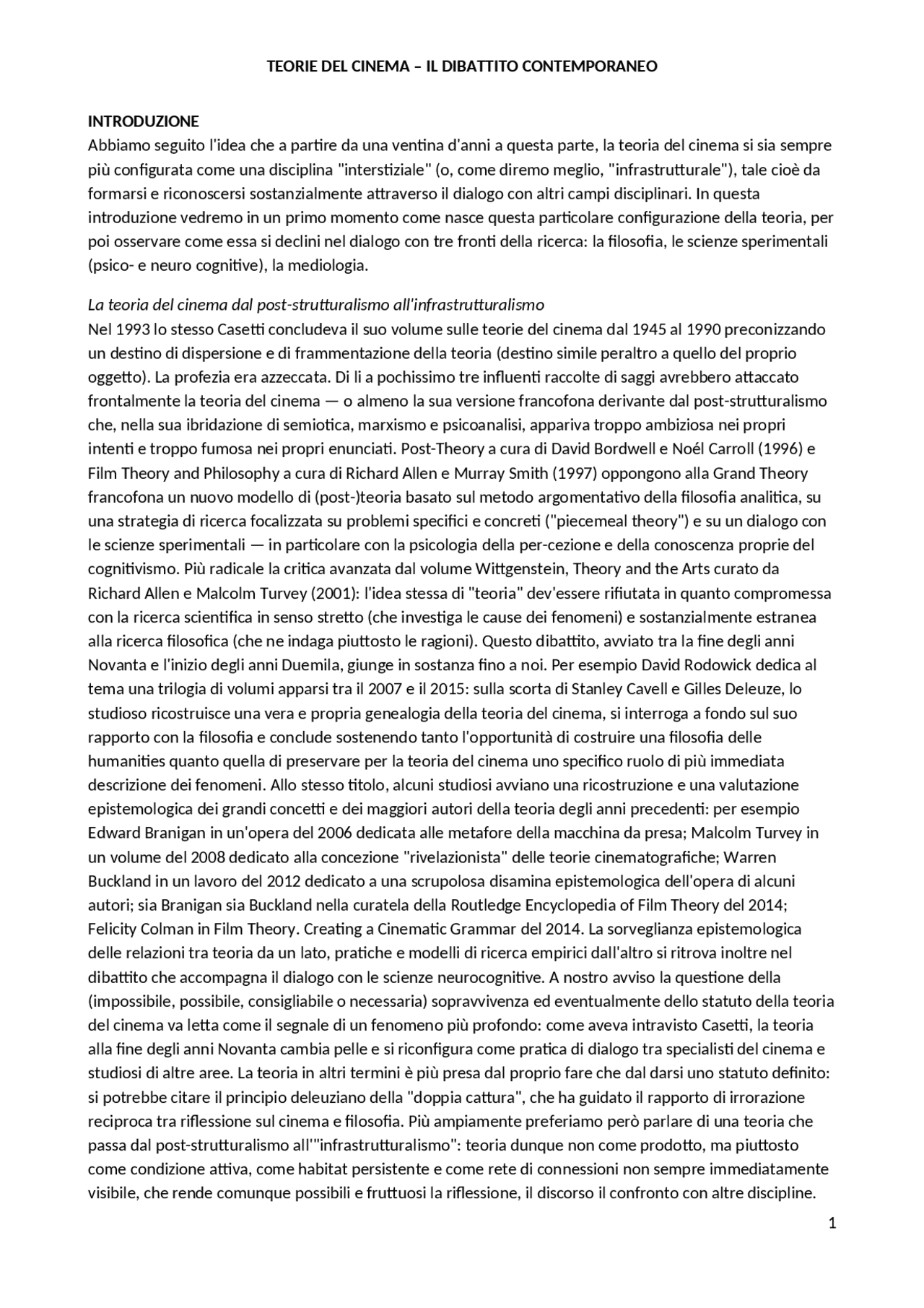 Riassunto "Teorie del cinema: il dibattito contemporaneo" - Docsity
