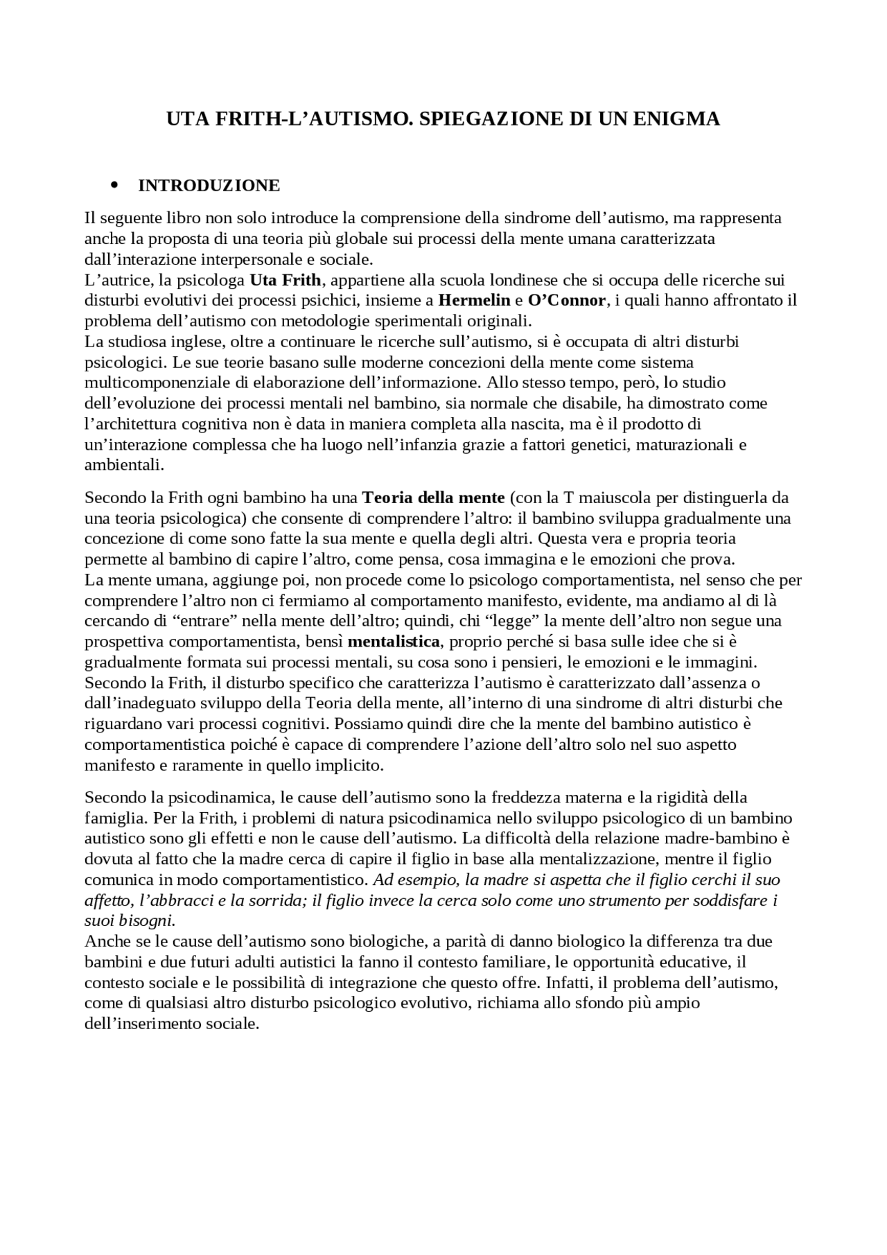 Autismo Spiegazione Di Un Enigma Uta Frith Docsity