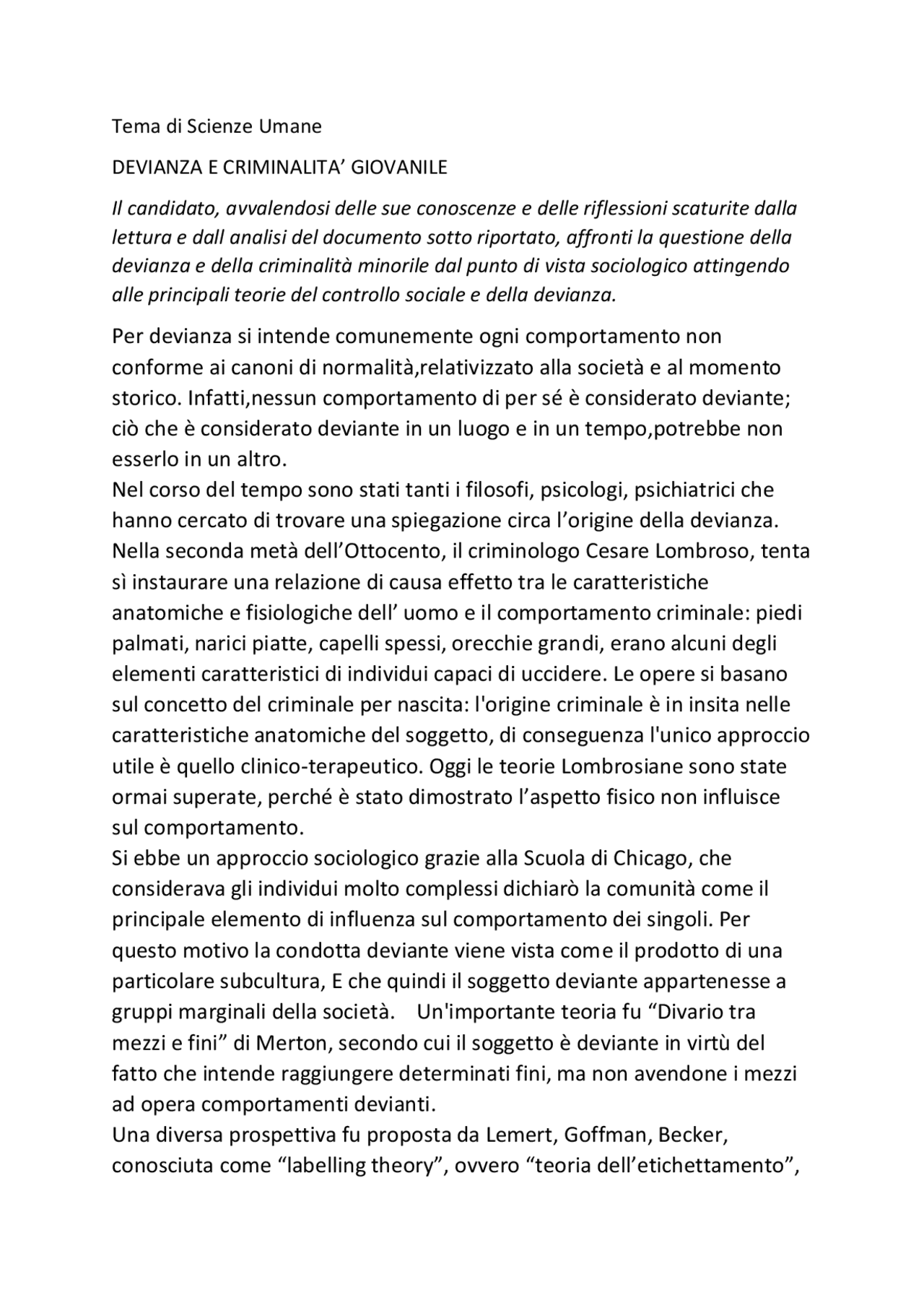 Tema Sulla Devianza Appunti Di Scienze Umane Docsity