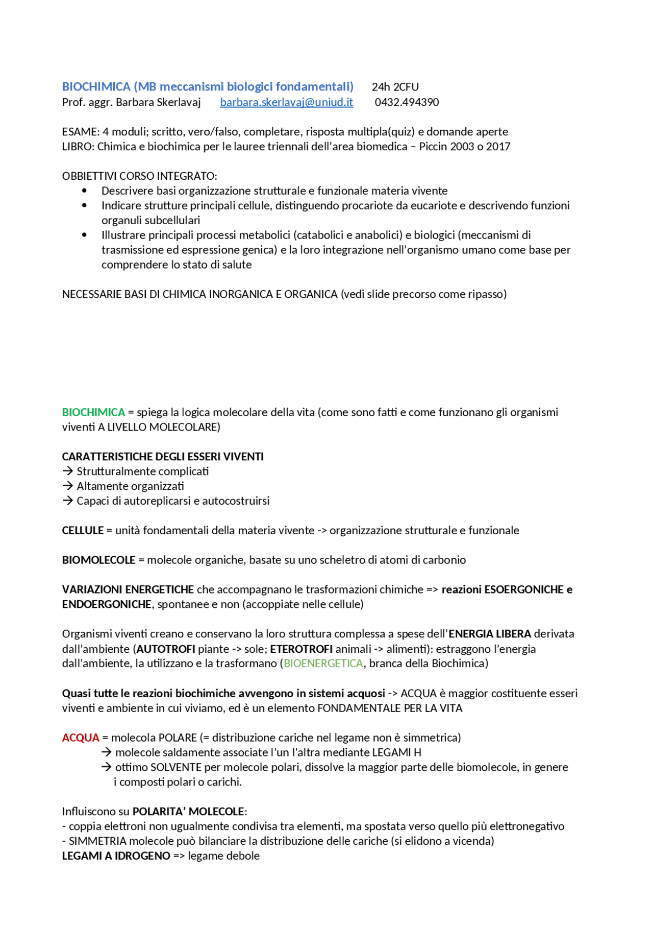 Biochimica Cdl Infermieristica Uniud Docsity