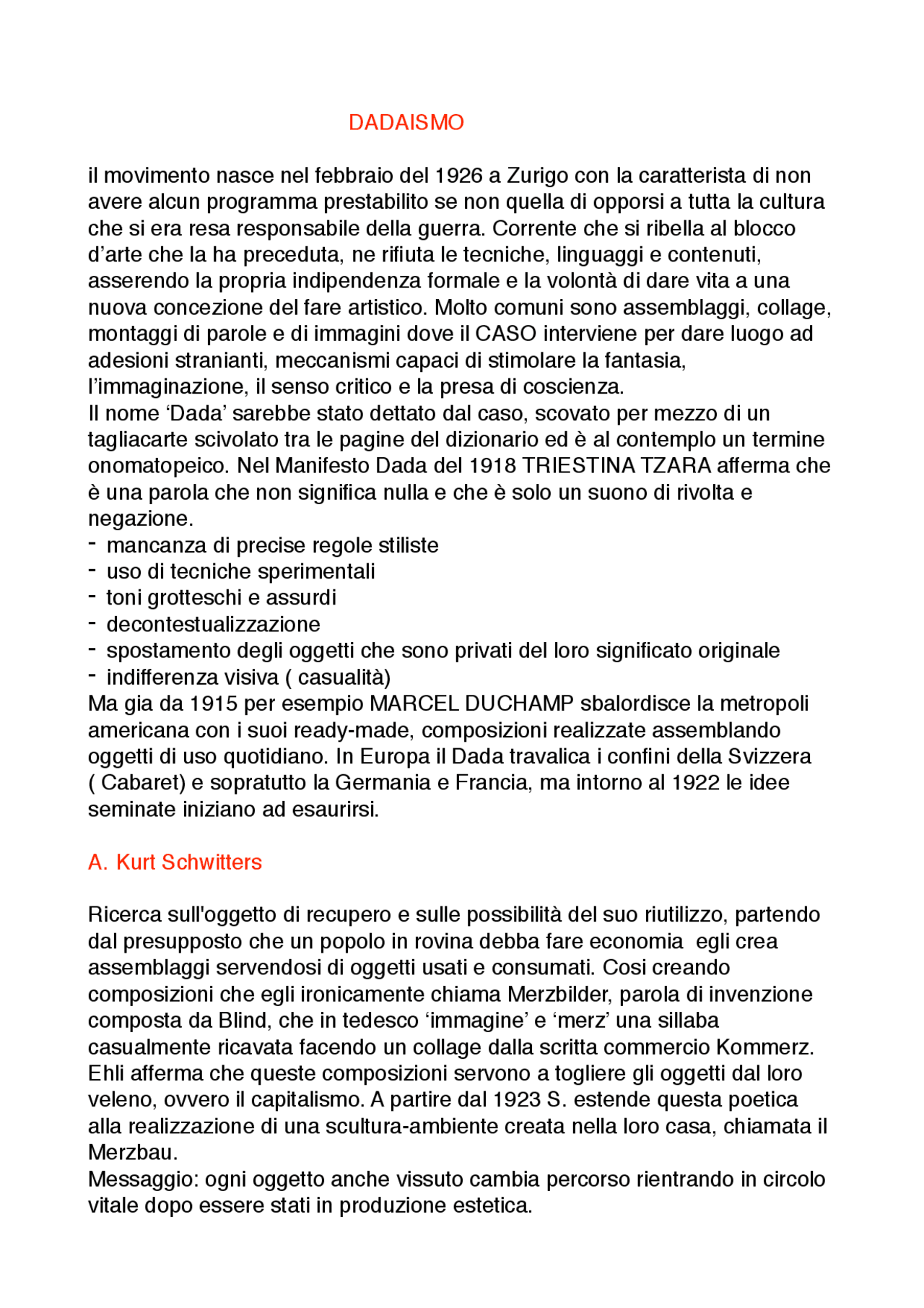 Arte Dadaismo Appunti X Liceo Docsity