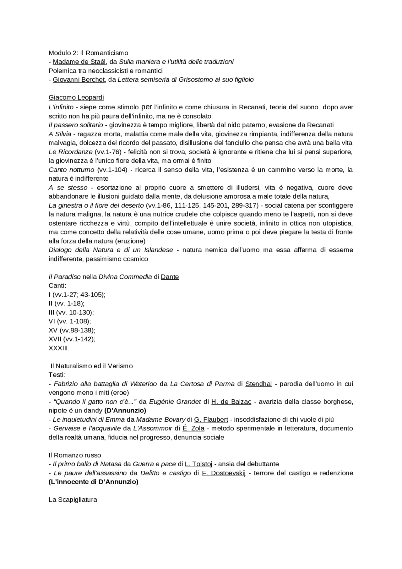 Programma riassunto letteratura italiana quinta liceo - Docsity