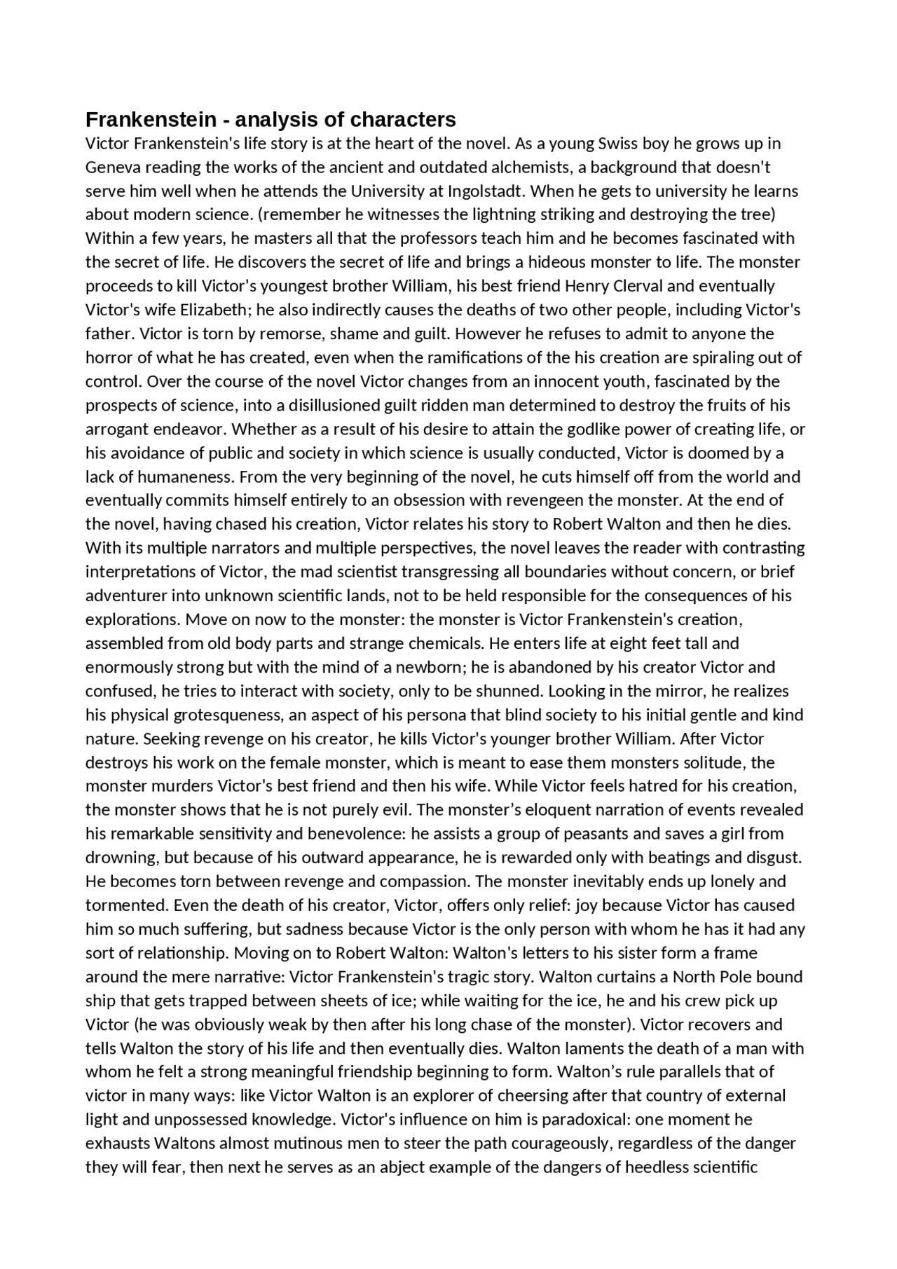 Frankestein An Analysis Of Characters Docsity