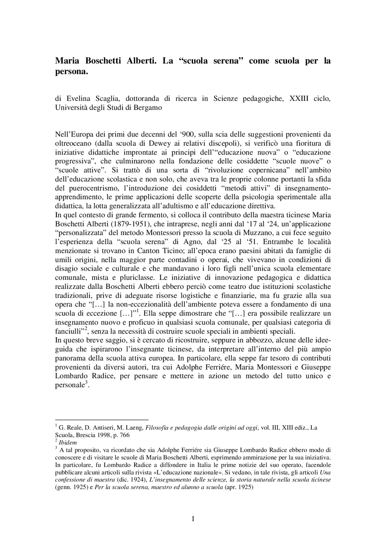 Maria Boschetti alberti la scuola serena di agno - Docsity