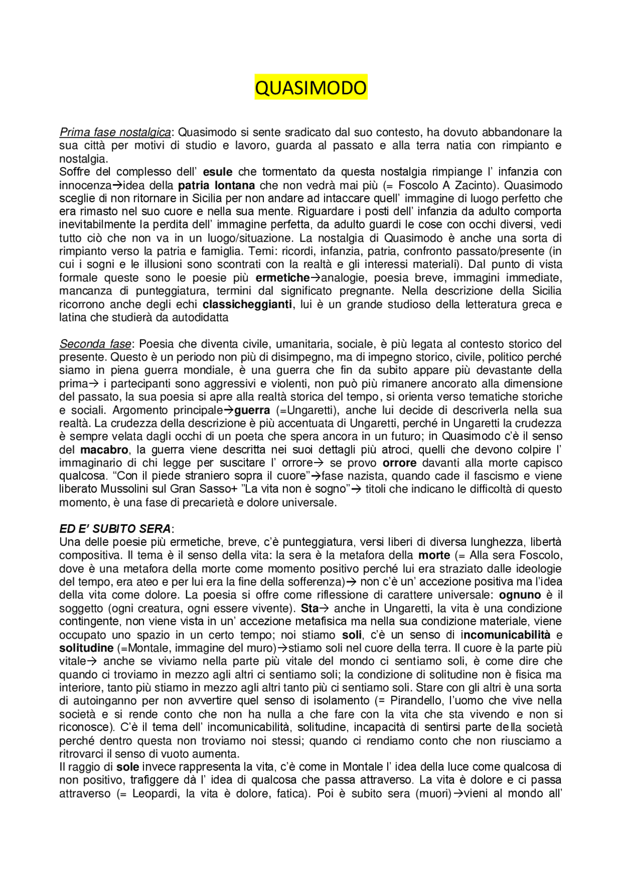 Salvatore Quasimodo Introduzionepoesie Docsity