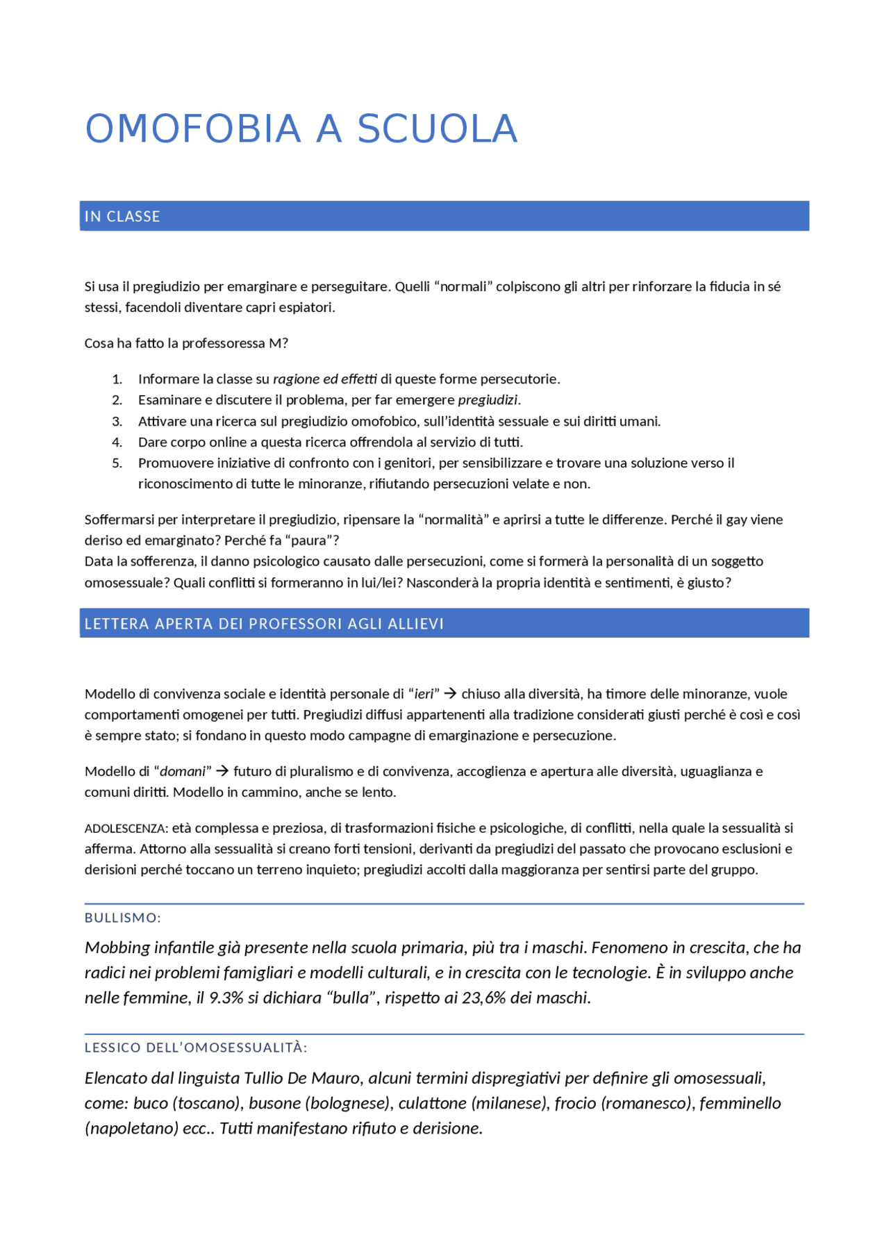 Riassunti Di Omofobia A Scuola Cambi Docsity