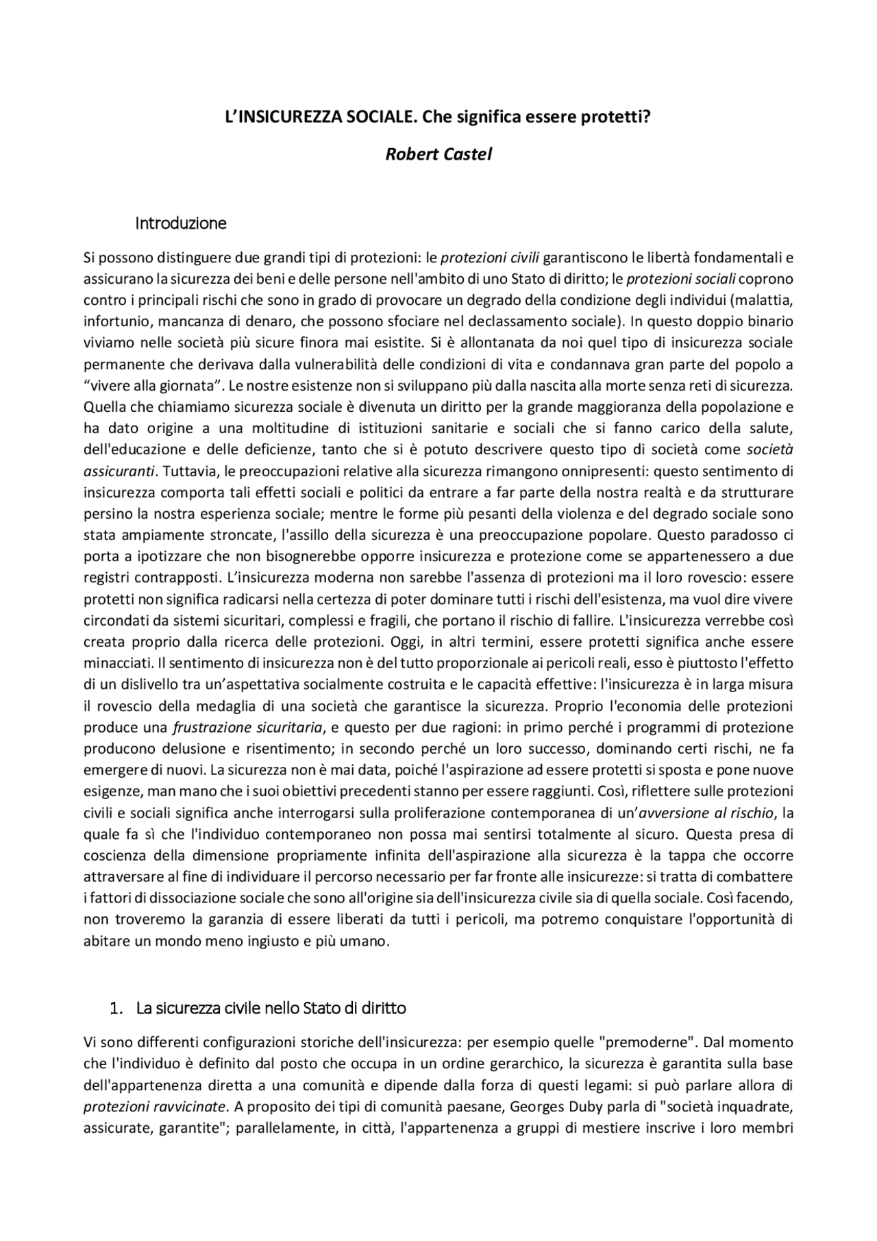 Linsicurezza Sociale Robert Castel Sintesi Docsity