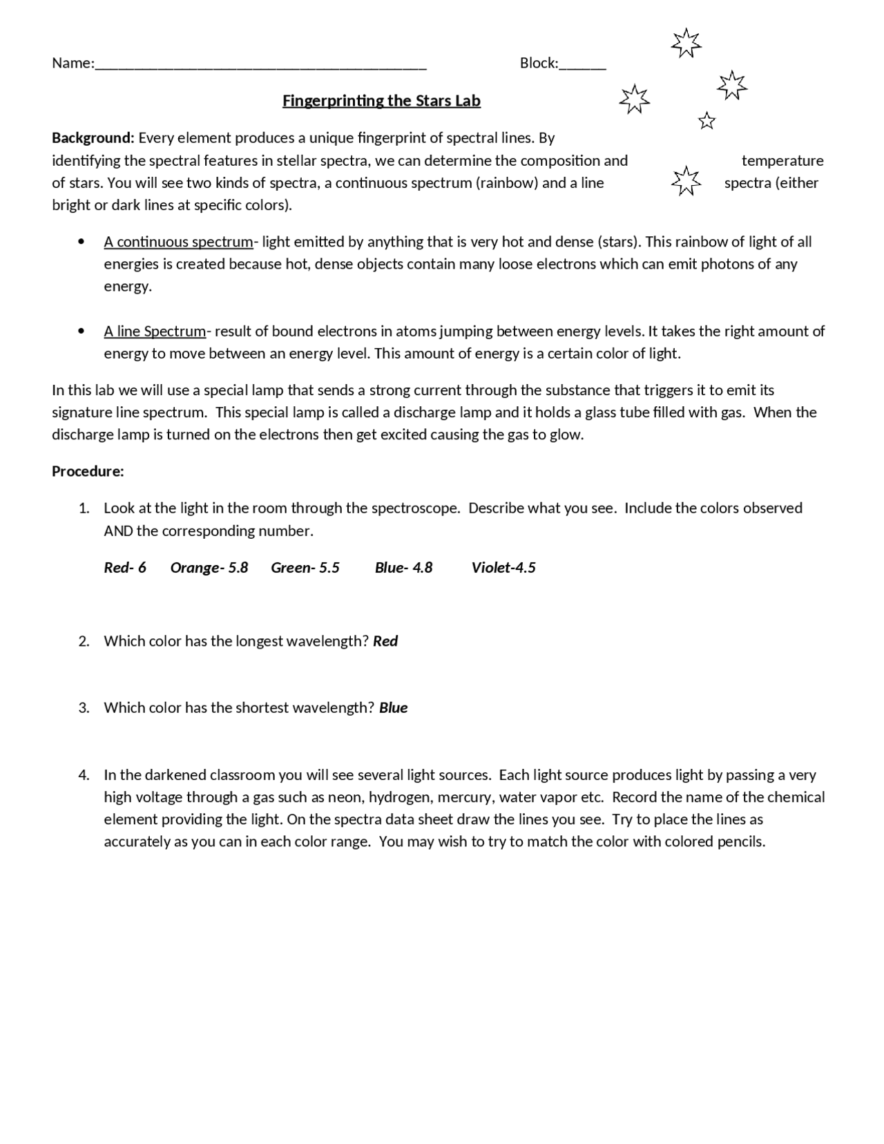 FingerPrinting the stars Lab Key | Assignments Physics | Docsity