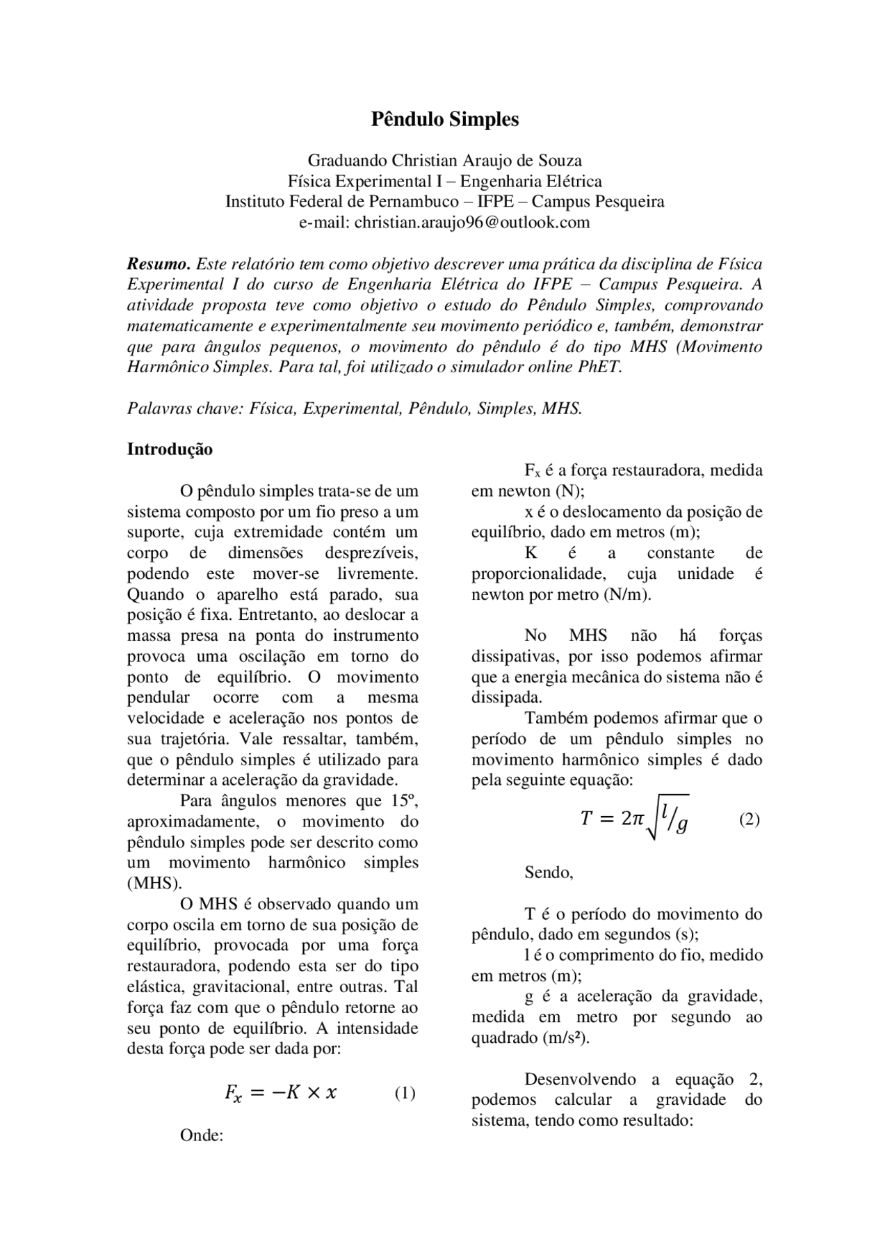 Relatório de Prática do Pêndulo Simples - Docsity