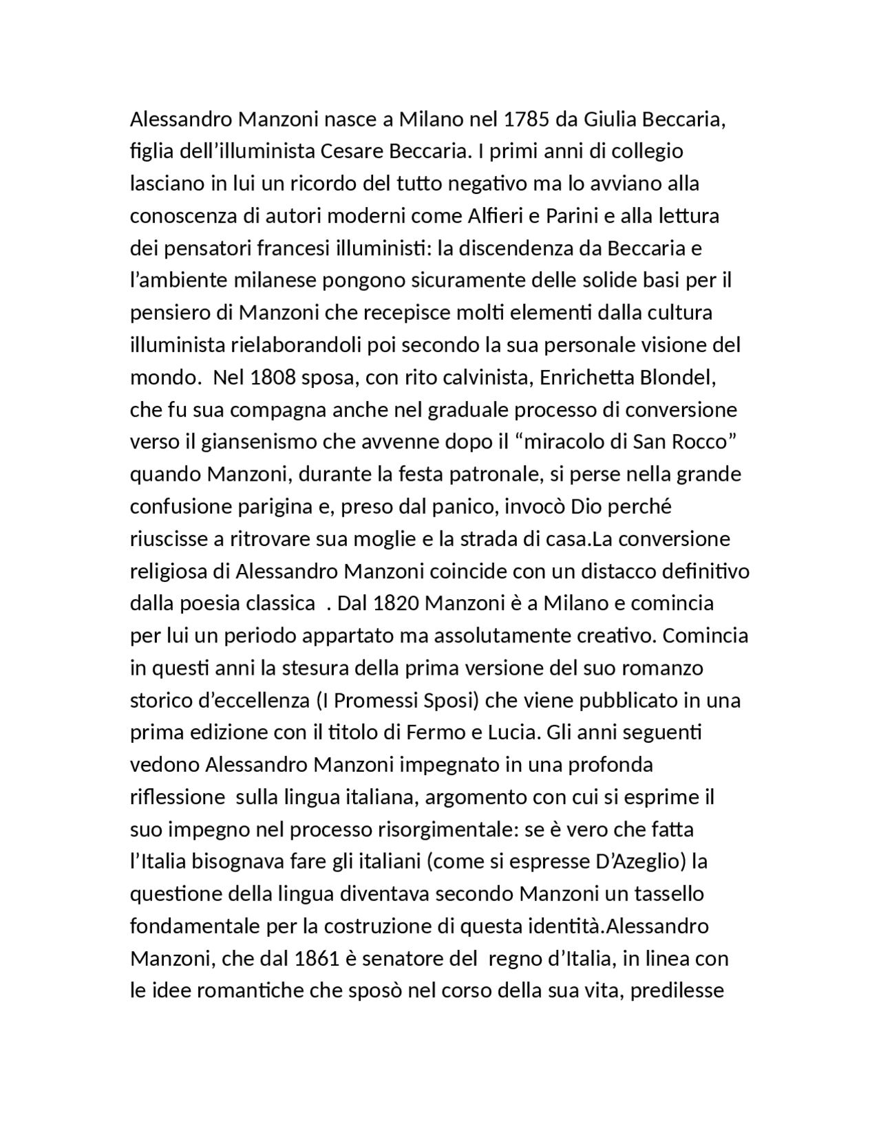 Manzoni riassunto sulla vita e pensiero e cito alcune opere - Docsity