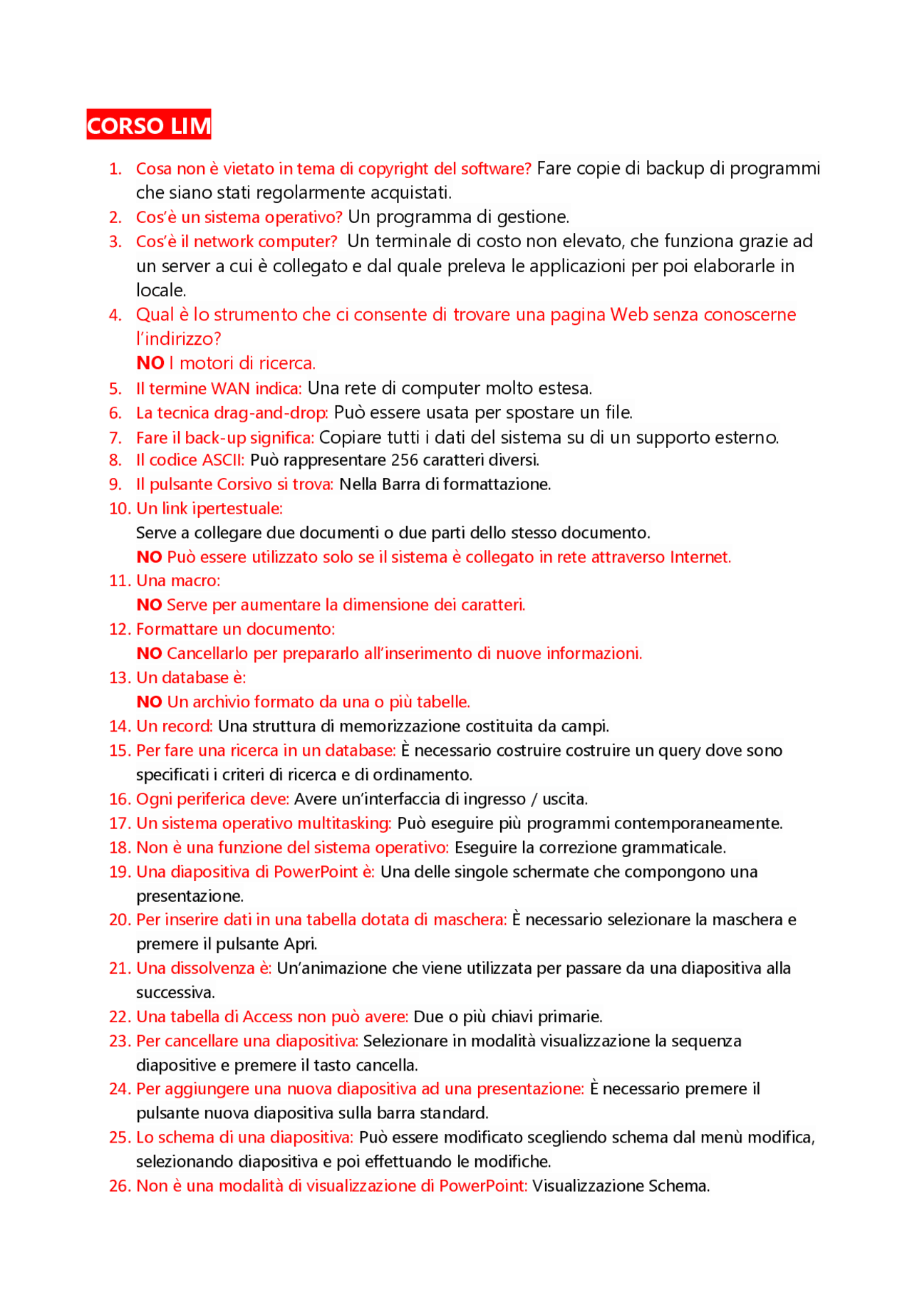 Domande e risposte_CORSO LIM 4 - Docsity