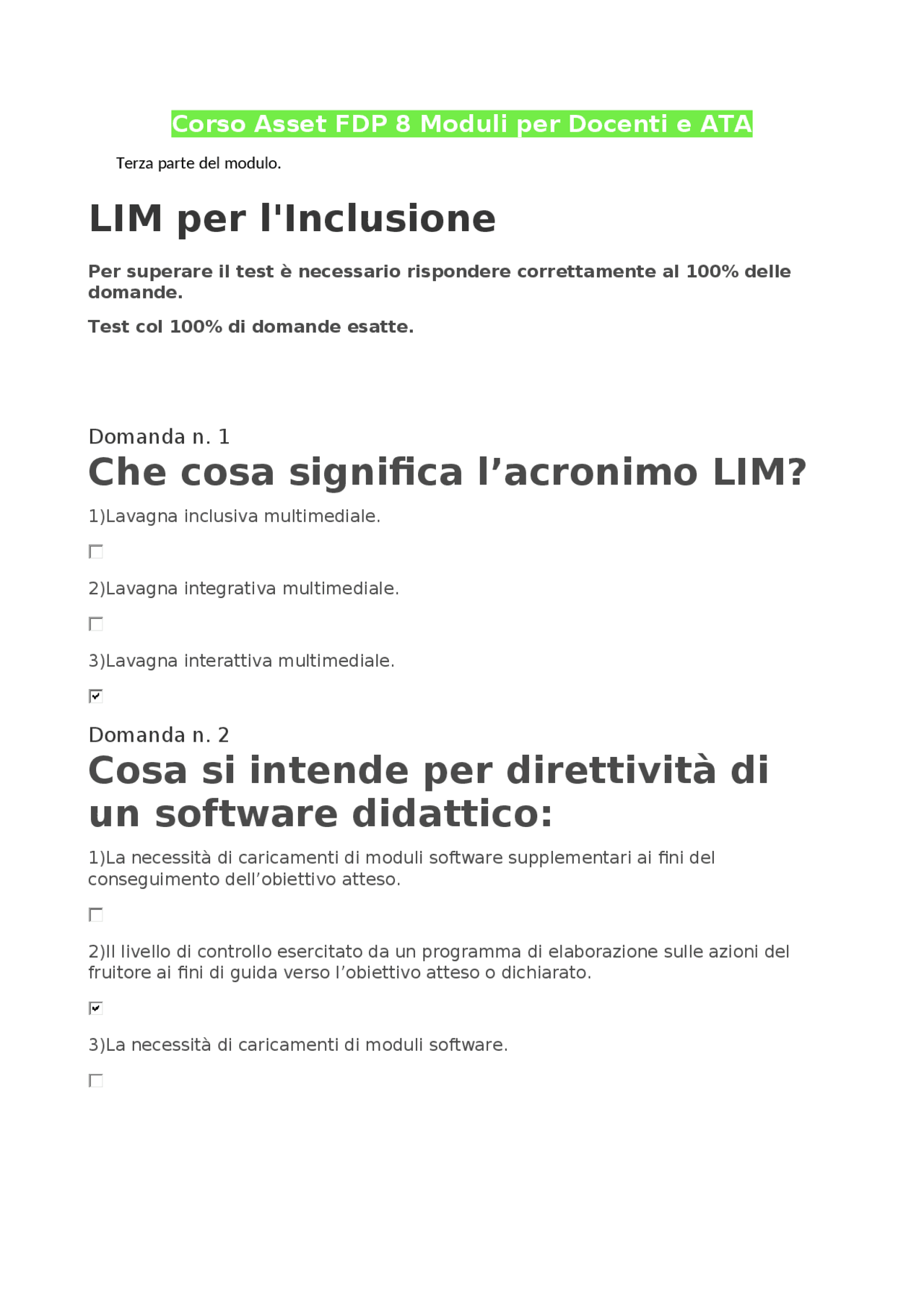 Terza Parte Del Corso Finale Asset 8 Moduli Prove Desame Di Elementi