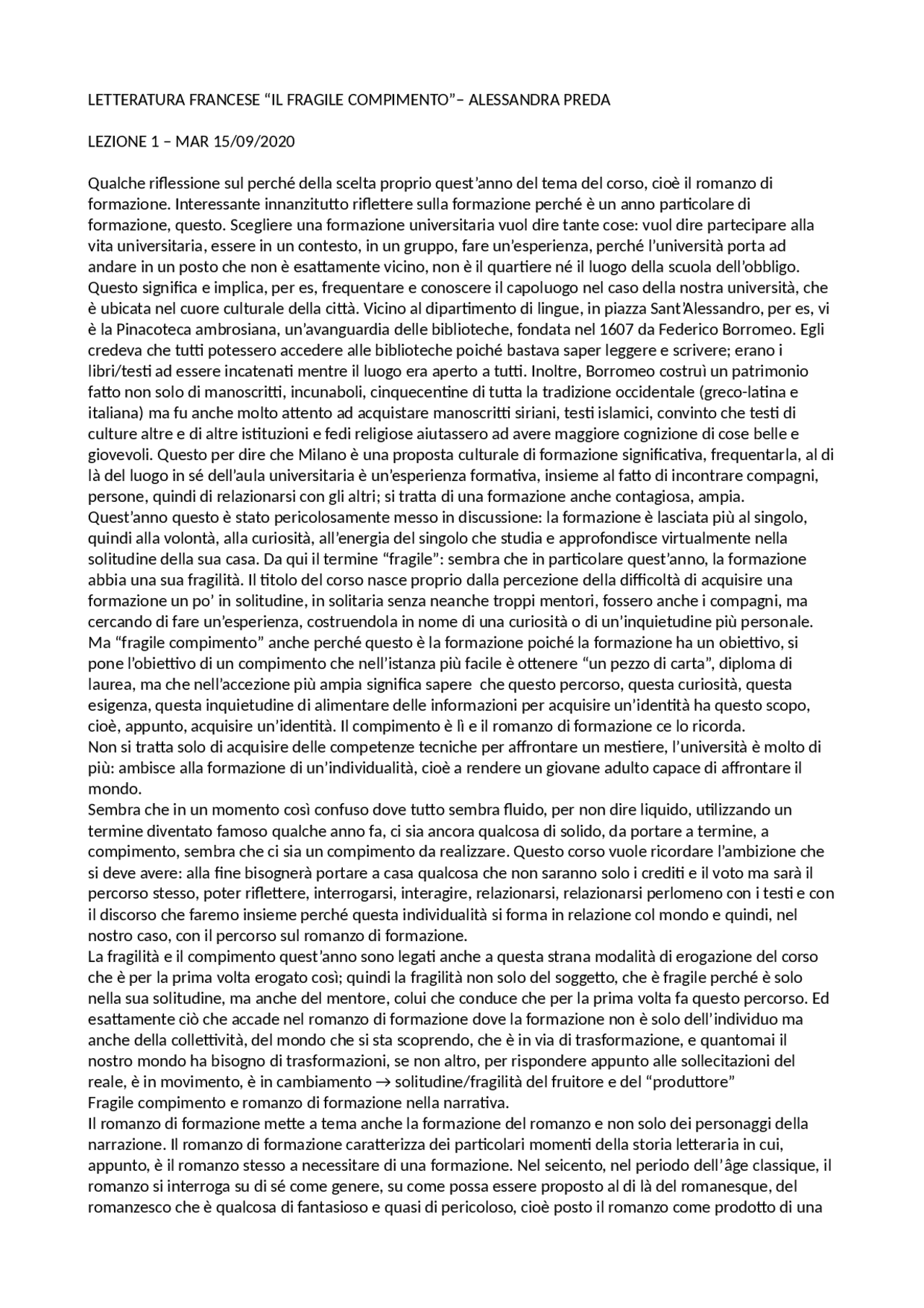 Appunti Modulo A Letteratura Francese 20202021 Alessandra Preda Docsity