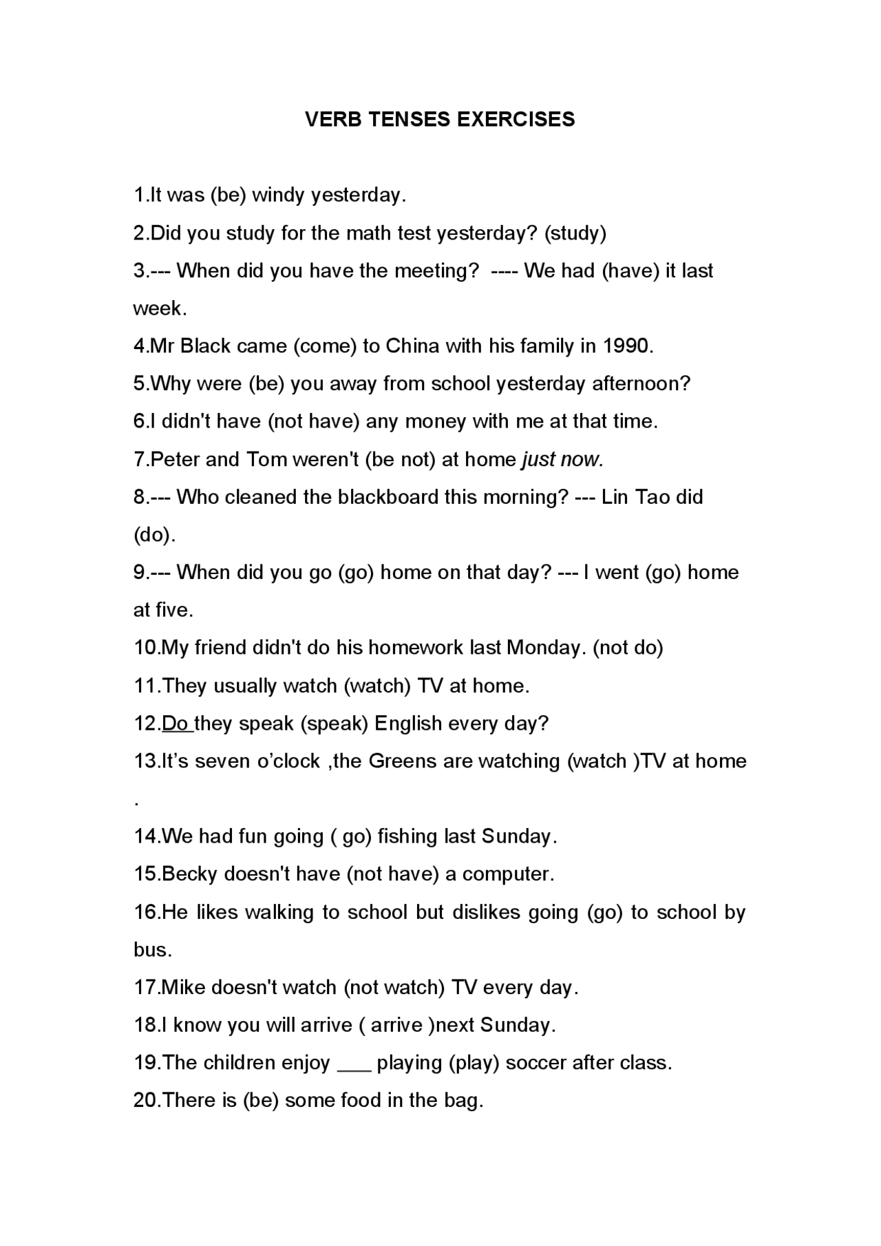 Ejercicios Tiempos Verbales Inglés Ejercicios De Inglés Docsity