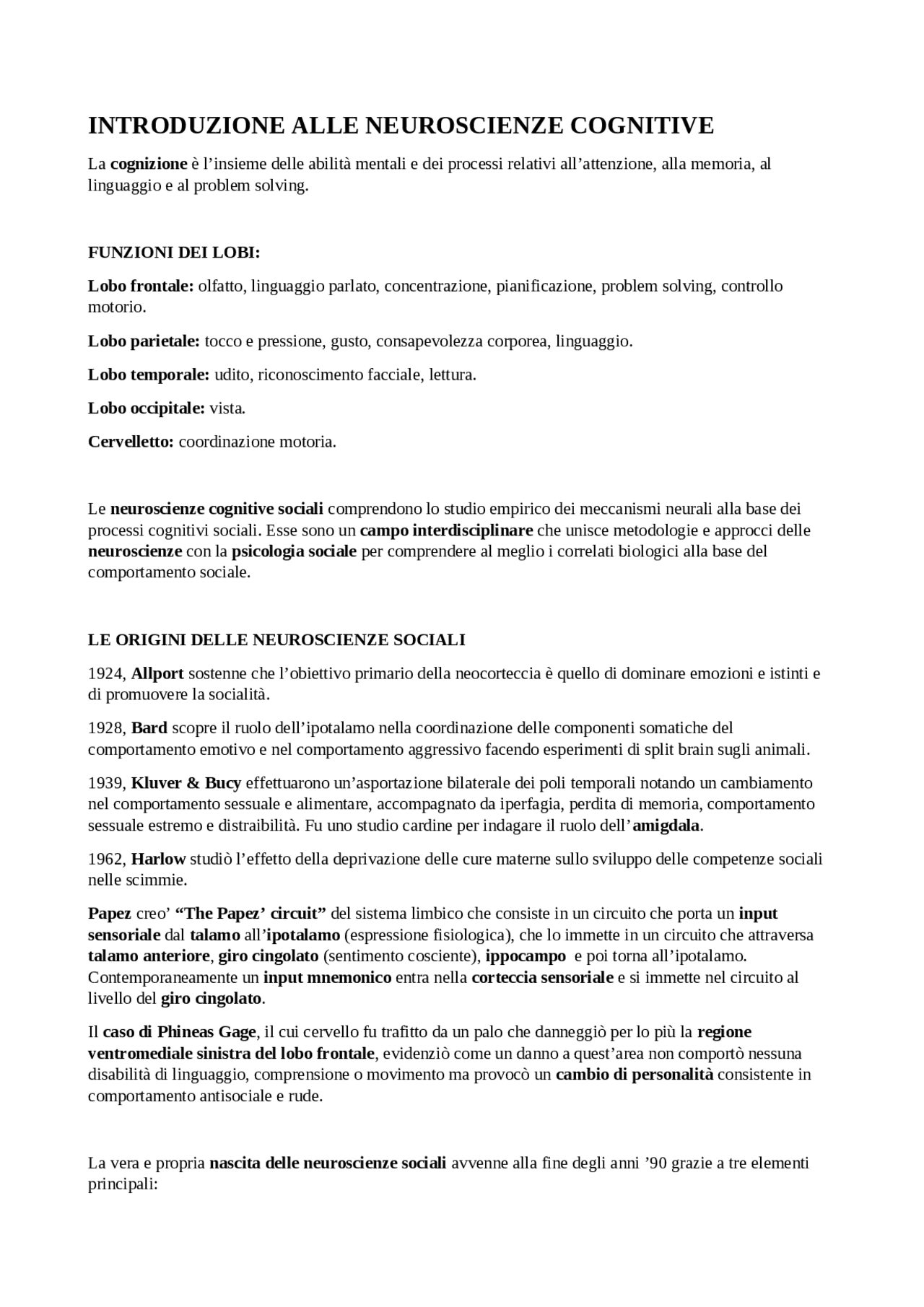 Appunti Di Neuroscienze Sociali Docsity