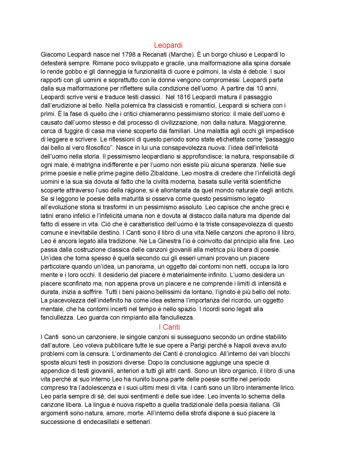 Riassunto Giacomo Leopardi Docsity