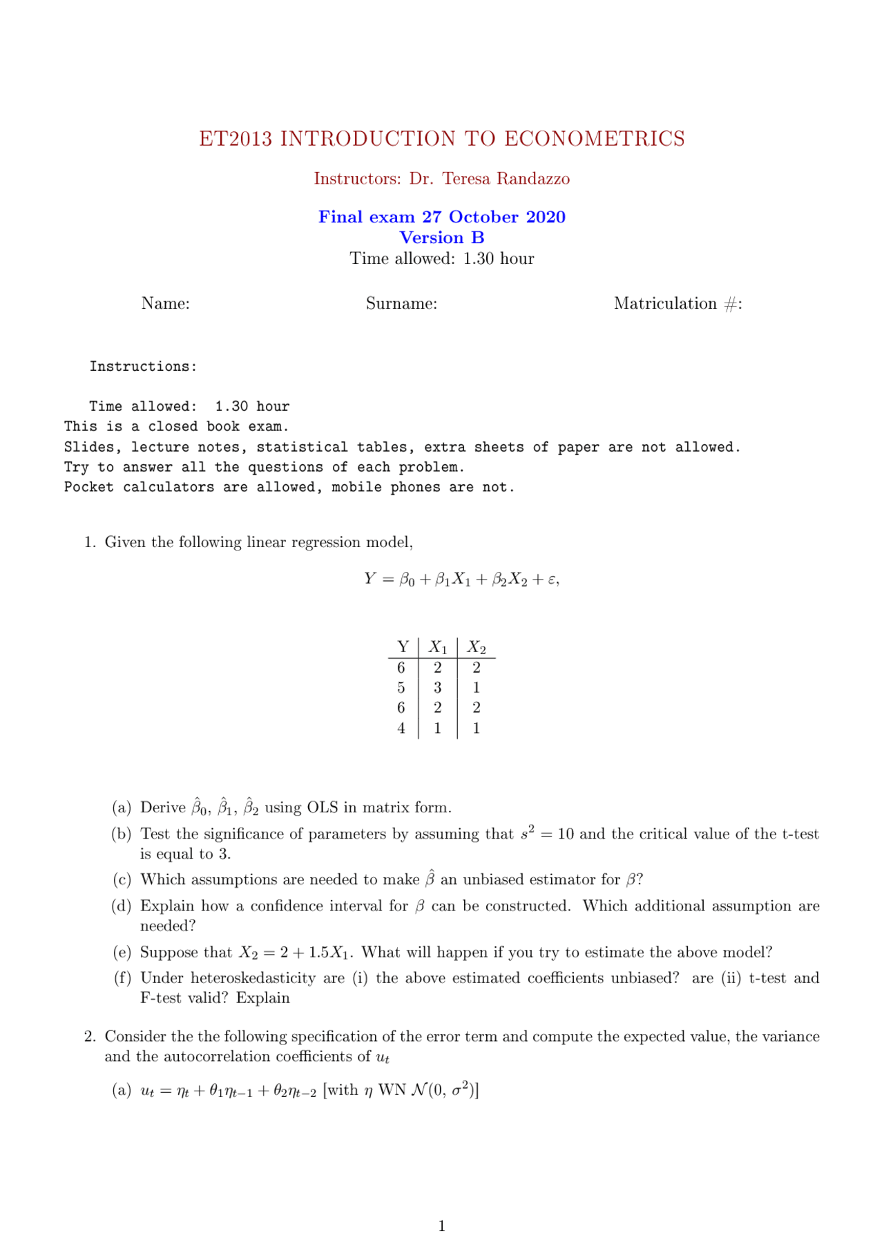 Introduction To Econometrics Prove Desame Di Econometria Docsity