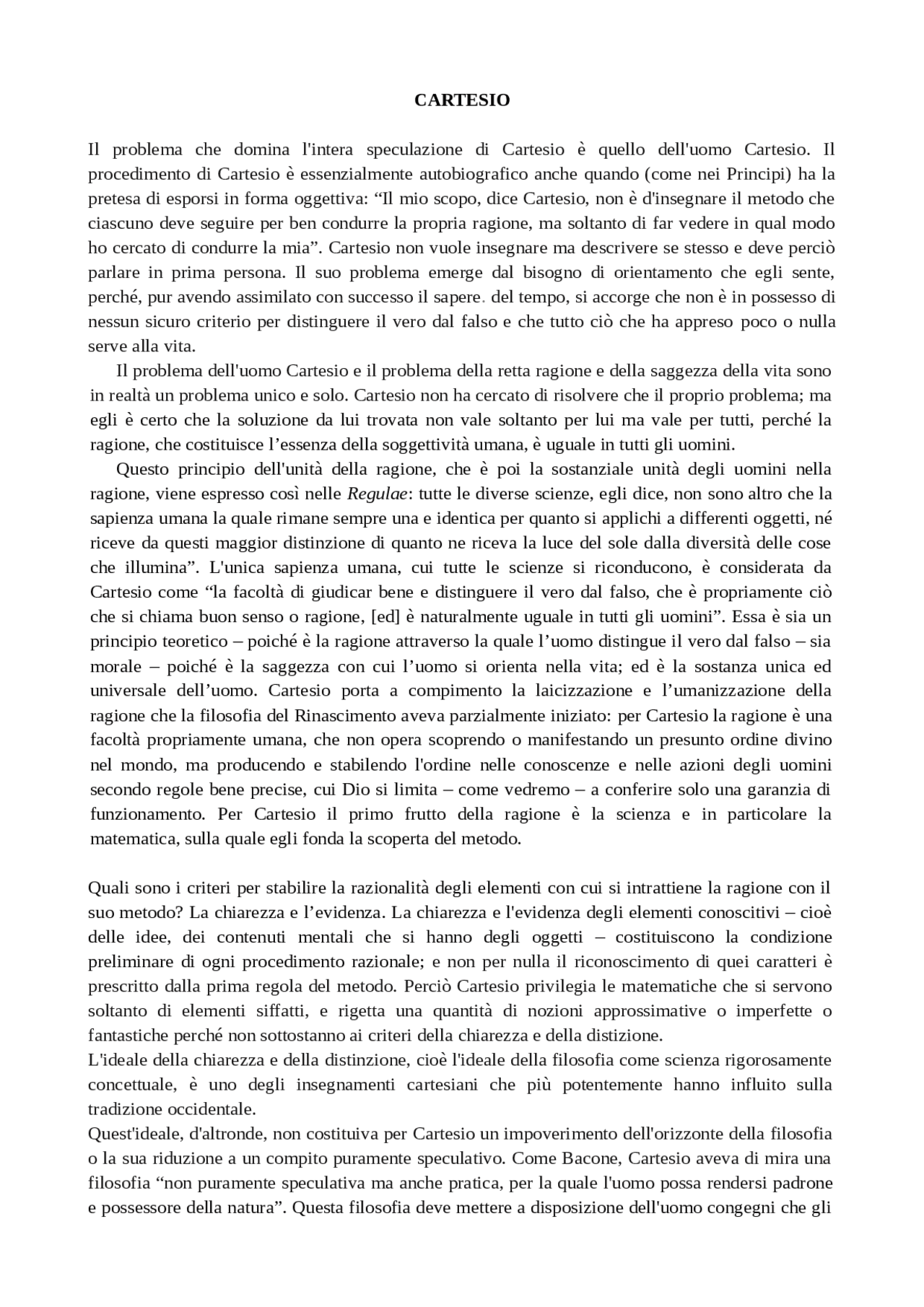 Cartesio Riassunto Abbagnano Docsity