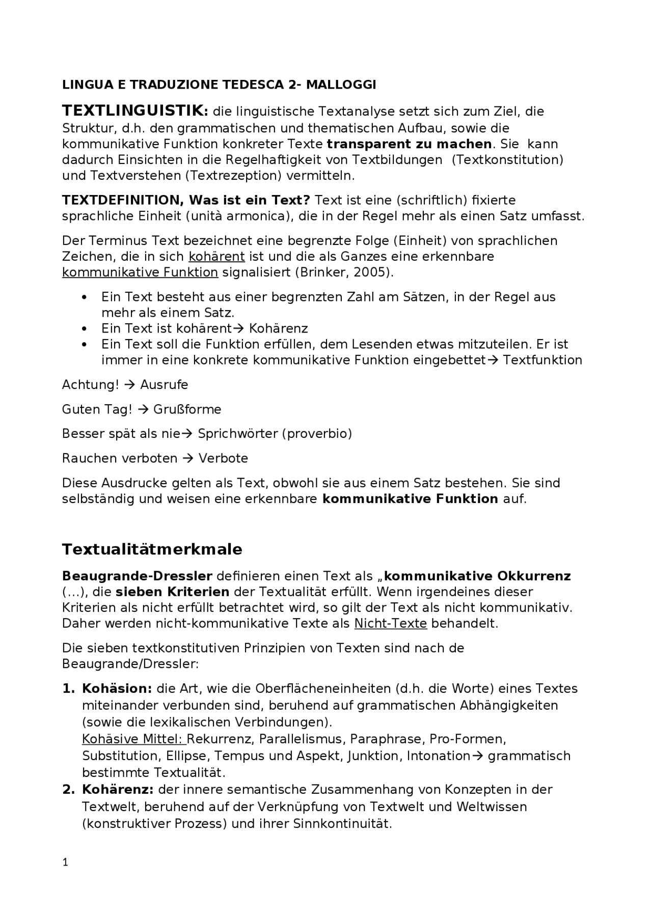 Textlinguistik Der Deutsche Sprache Appunti Di Lingua Tedesca Docsity