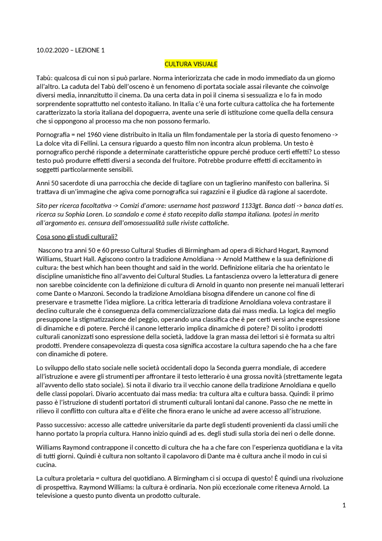 Cultura Visuale Appunti 2020 Docsity