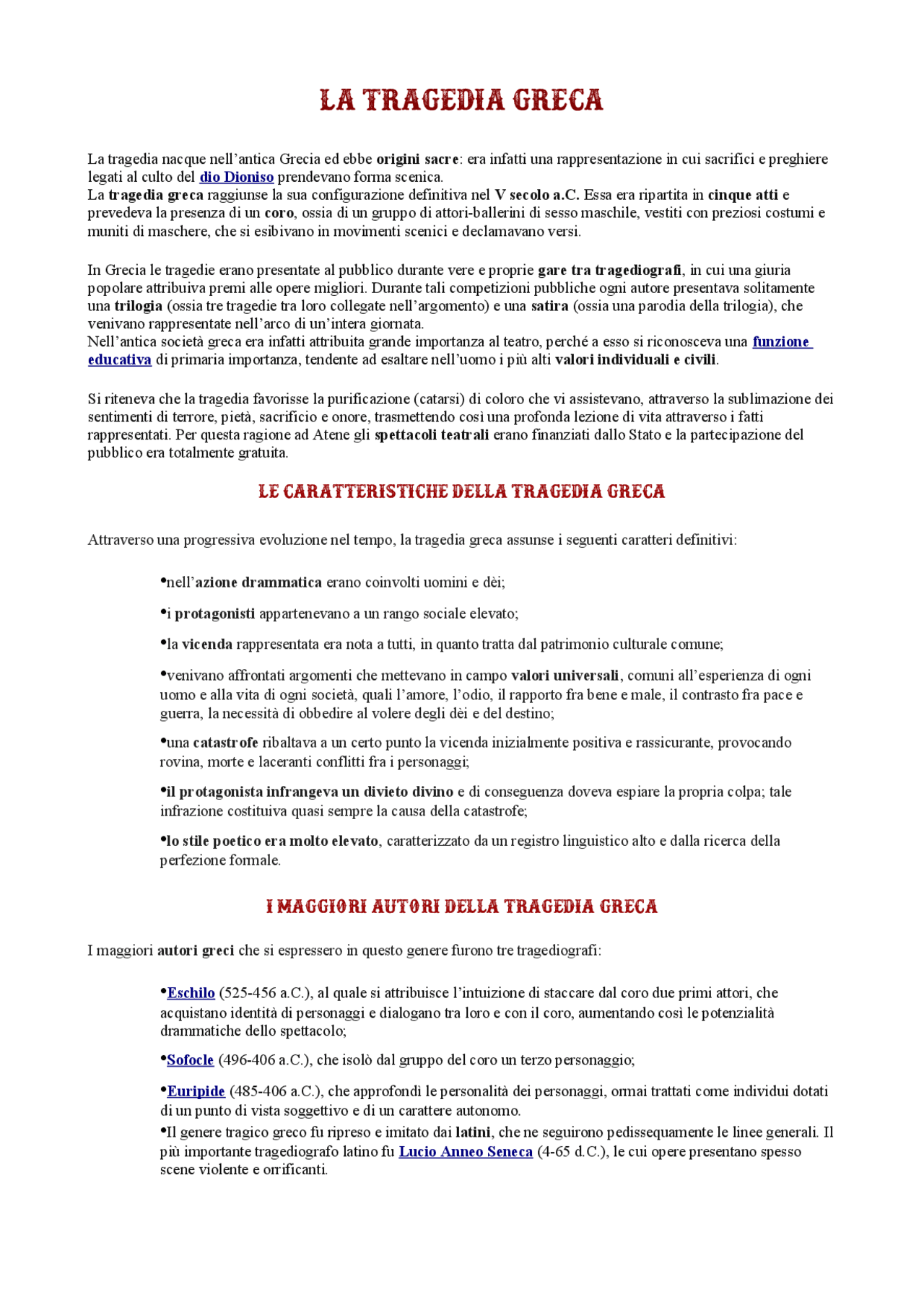 Riassunto breve sulla tragedia greca - Docsity