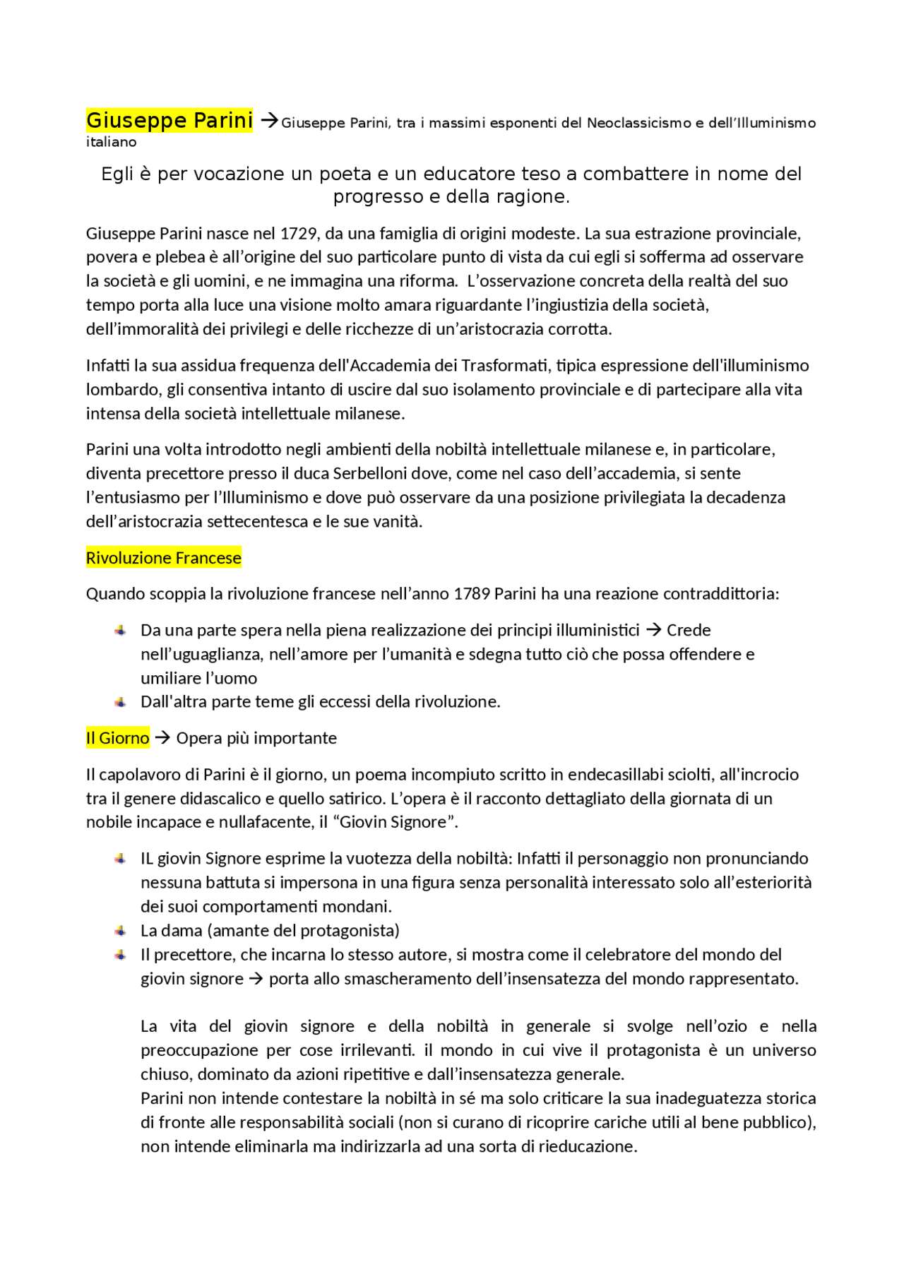 Giuseppe Parini Pensiero E Opere Docsity