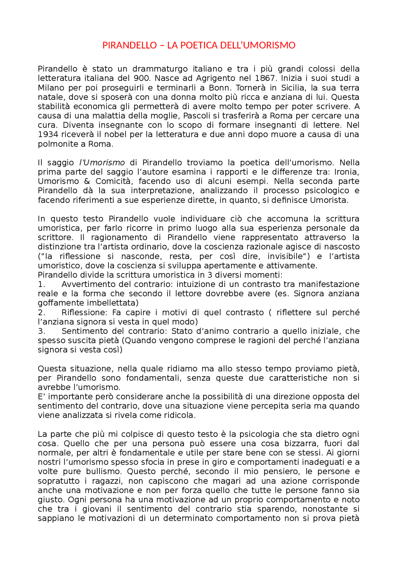 PIRANDELLO - POETICA DELL'UMORISMO - Docsity