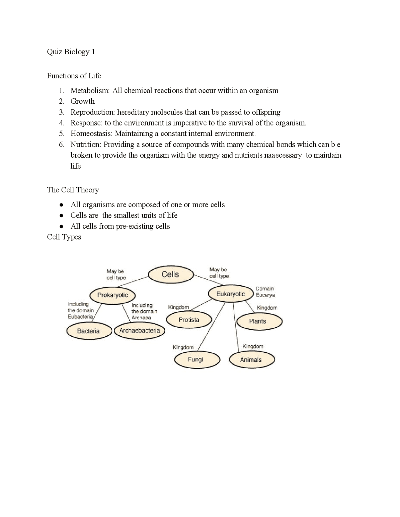 Functions of Life, The Cell Theory, Cell Types and Distribution - Docsity