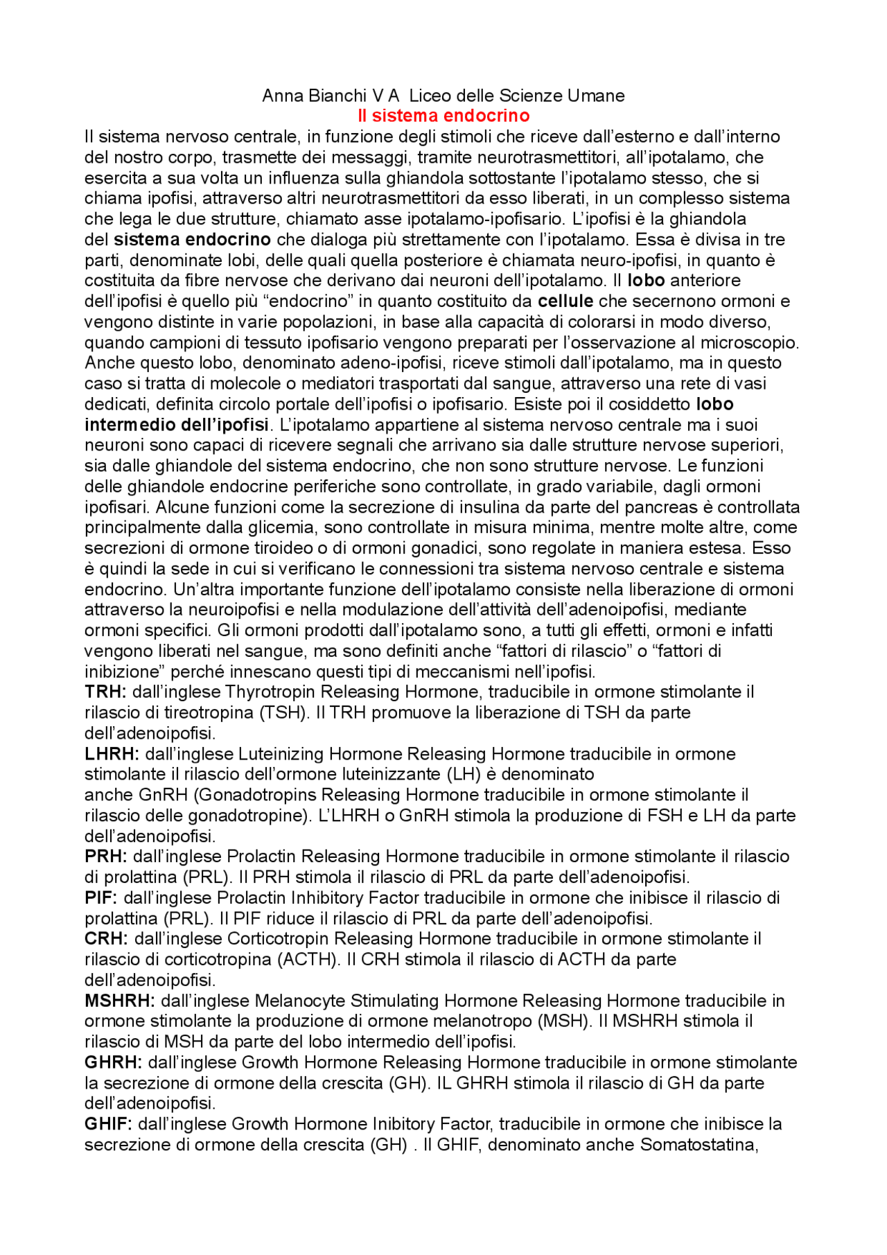 Il Sistema Endocrino Riassunto Docsity