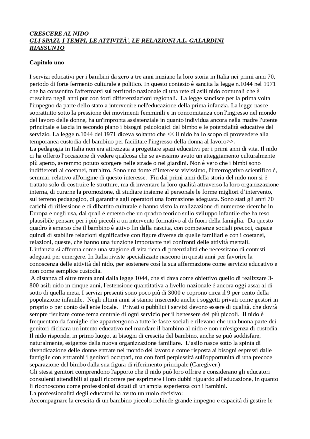 Riassunto Del Libro Crescere Al Nido Docsity