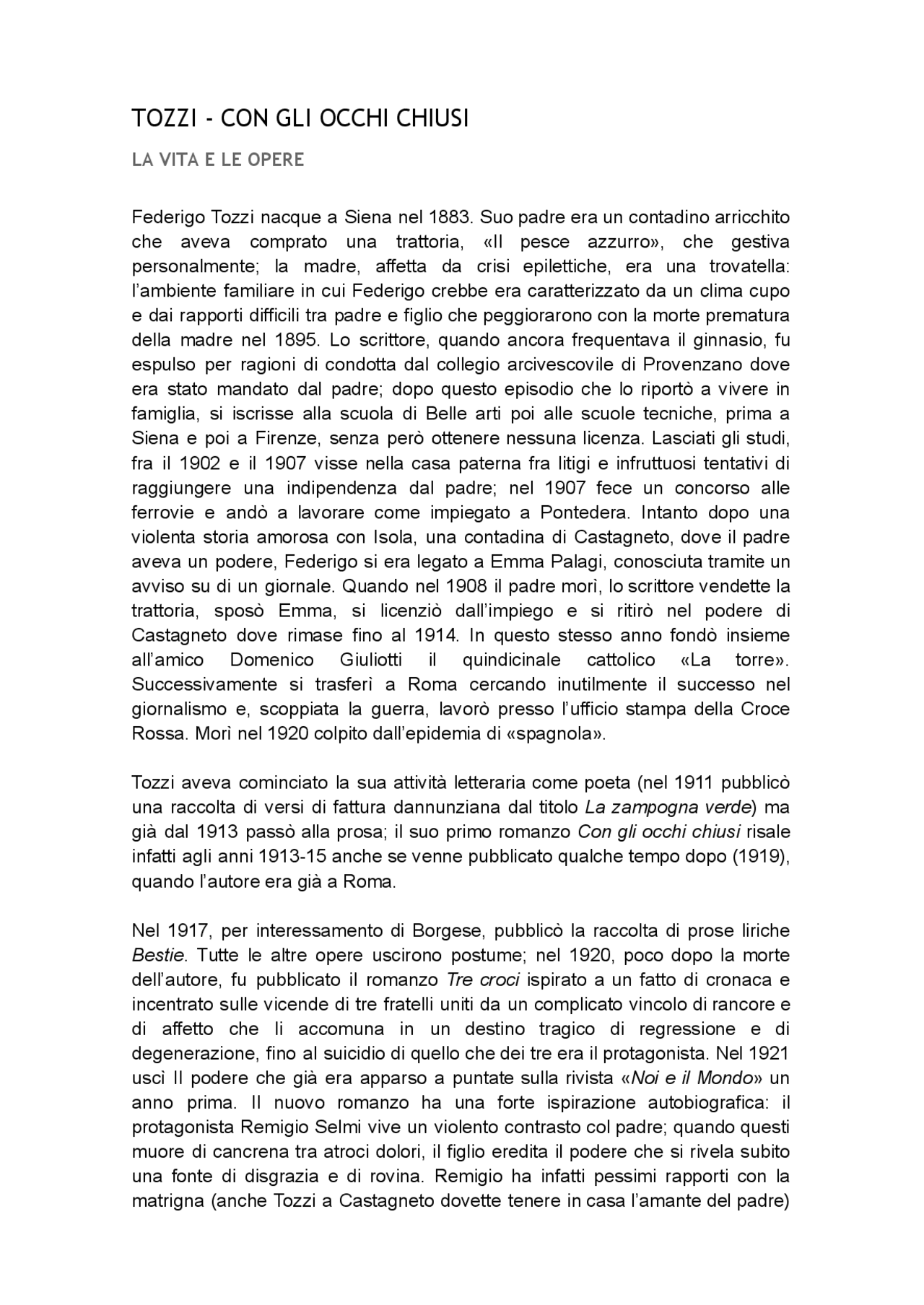 Tozzi E Con Gli Occhi Chiusi Docsity