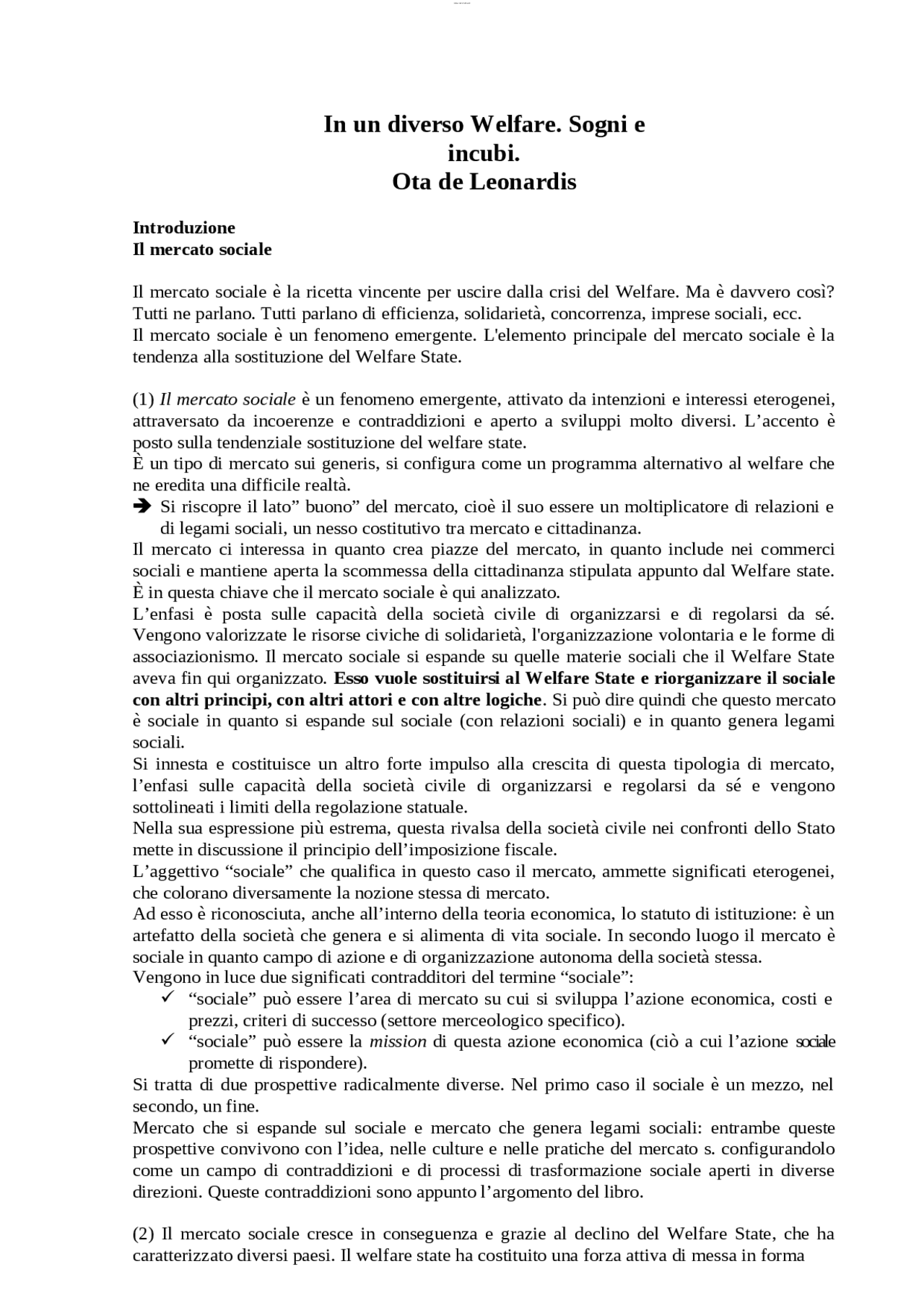 Riassunto In Un Diverso Welfare Docsity