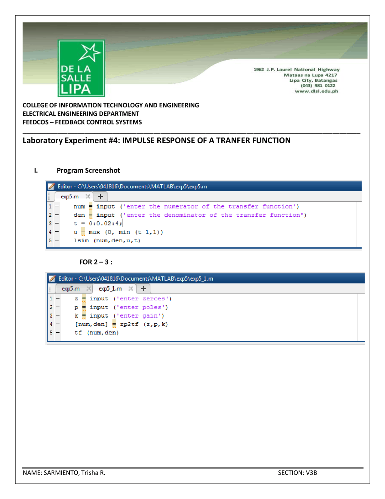Matlab Experiment Lab Reports Docsity