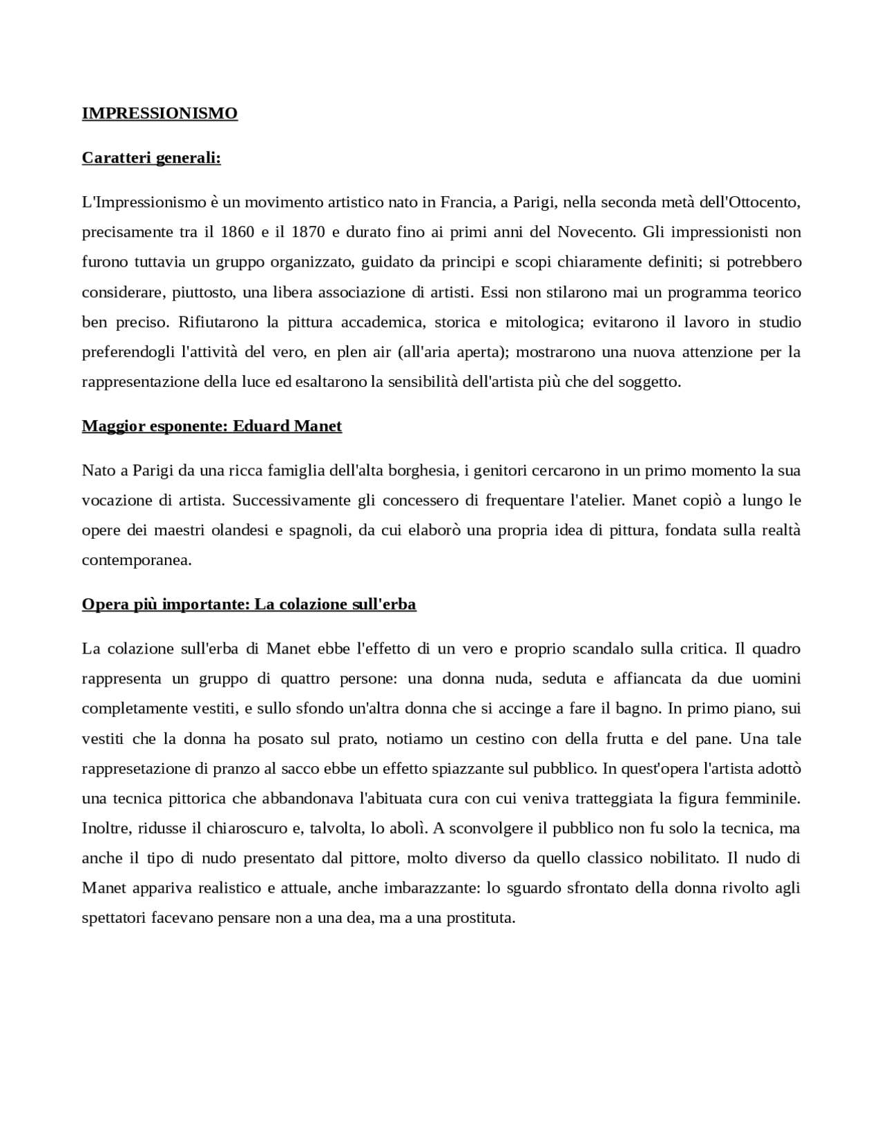 Riassunto Impressionismo Docsity