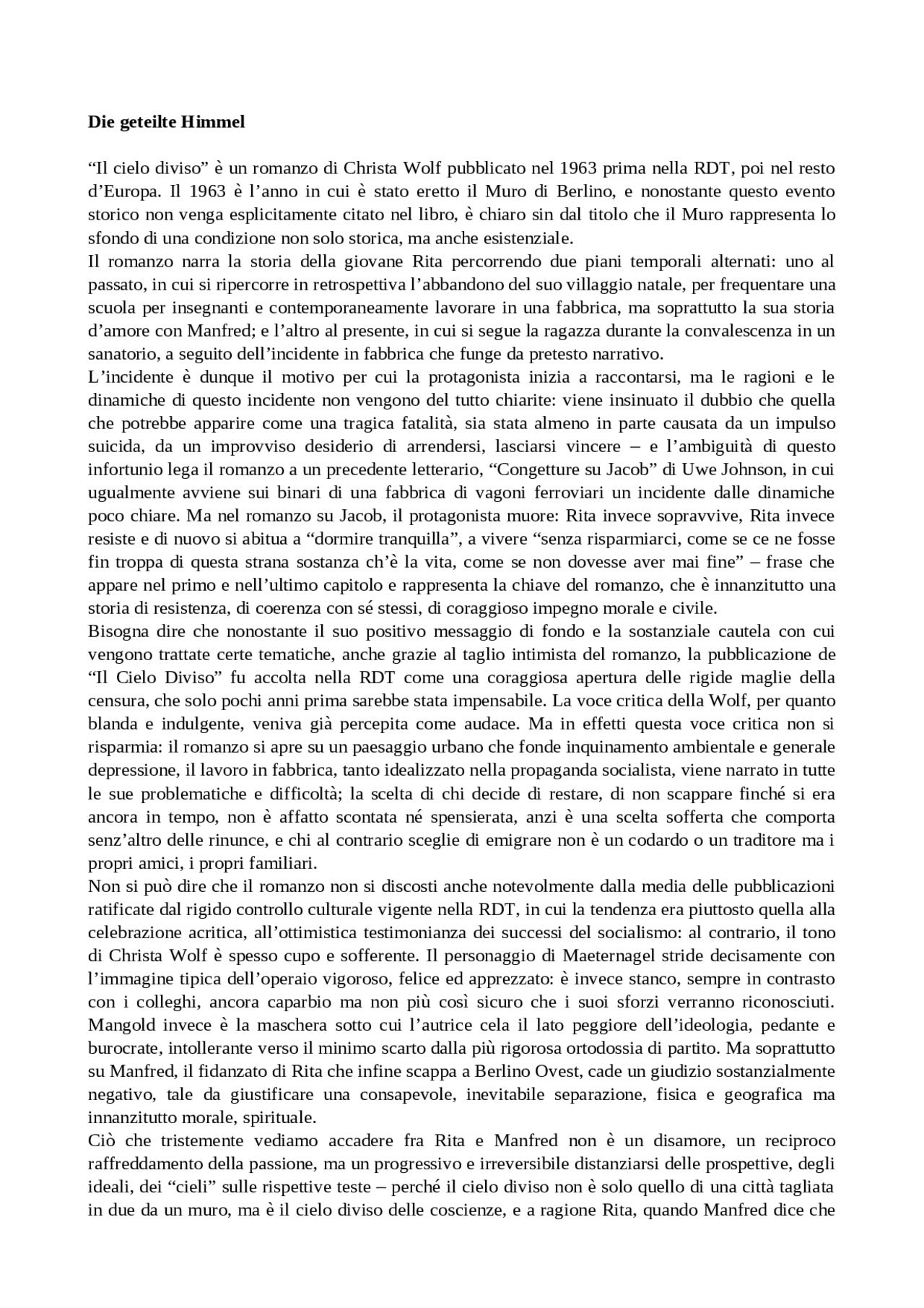 Il Cielo Diviso di Christa Wolf | Essays (university) Literature | Docsity
