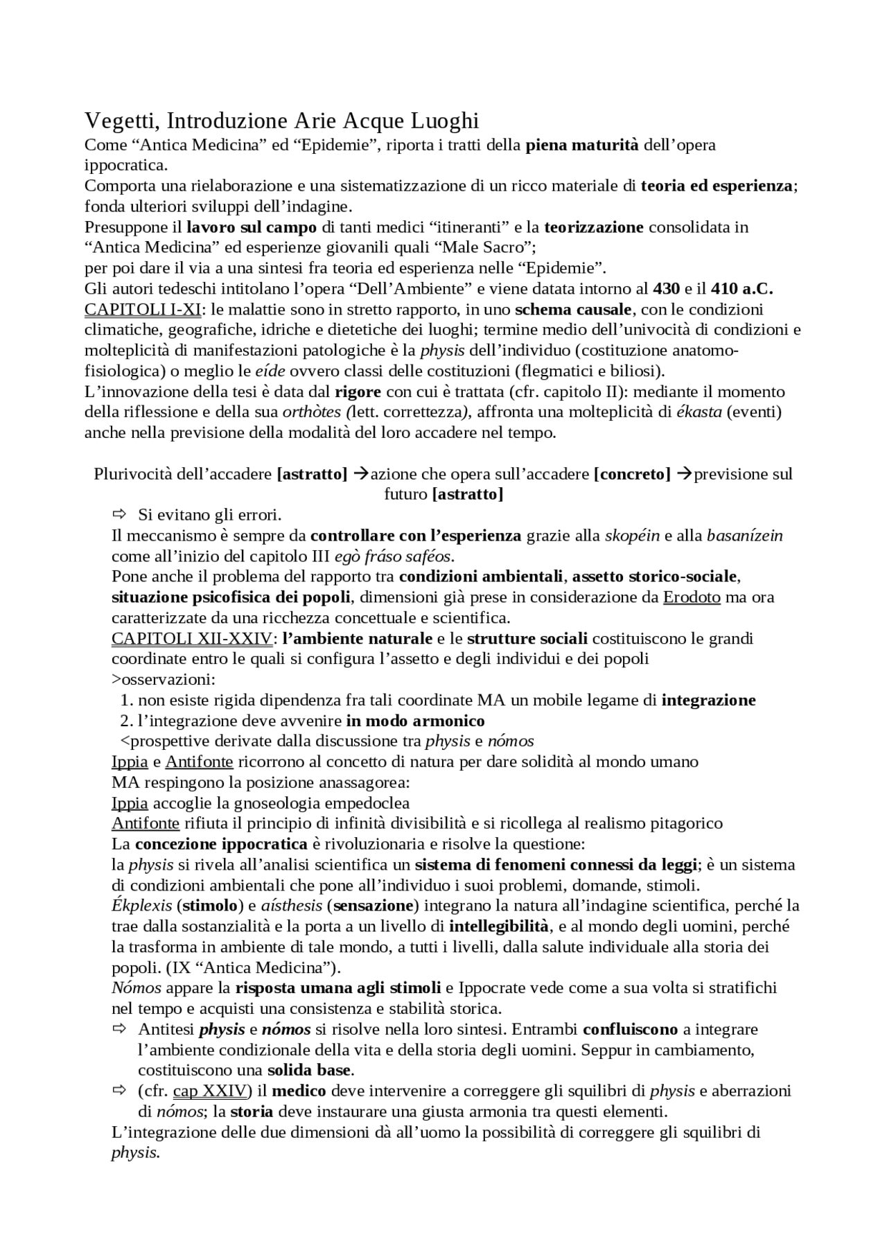 Introduzione ARIE ACQUE LUOGHI di Ippocrate-Vegetti | Appunti di Storia Della Medicina | Docsity