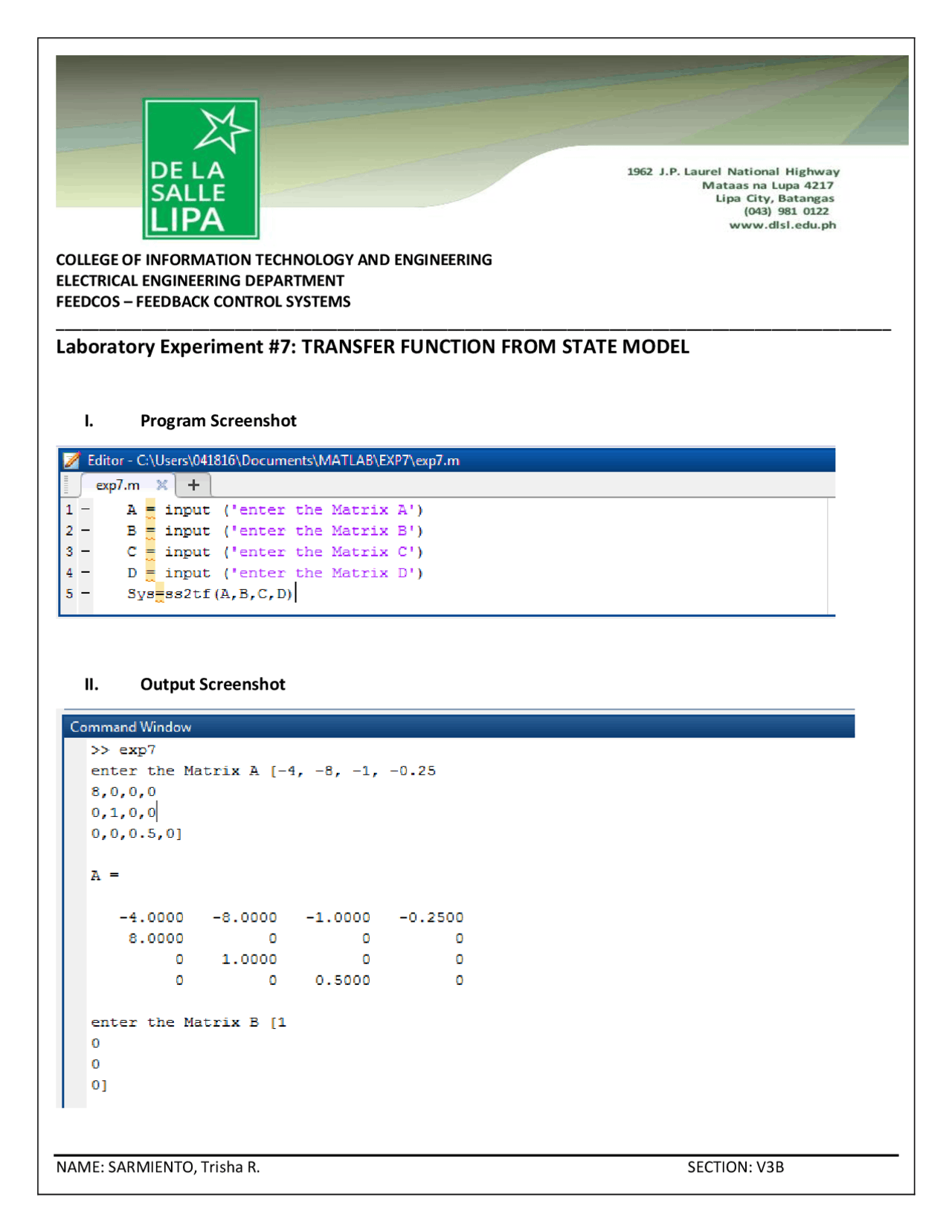 Matlab Experiment Lab Reports Docsity