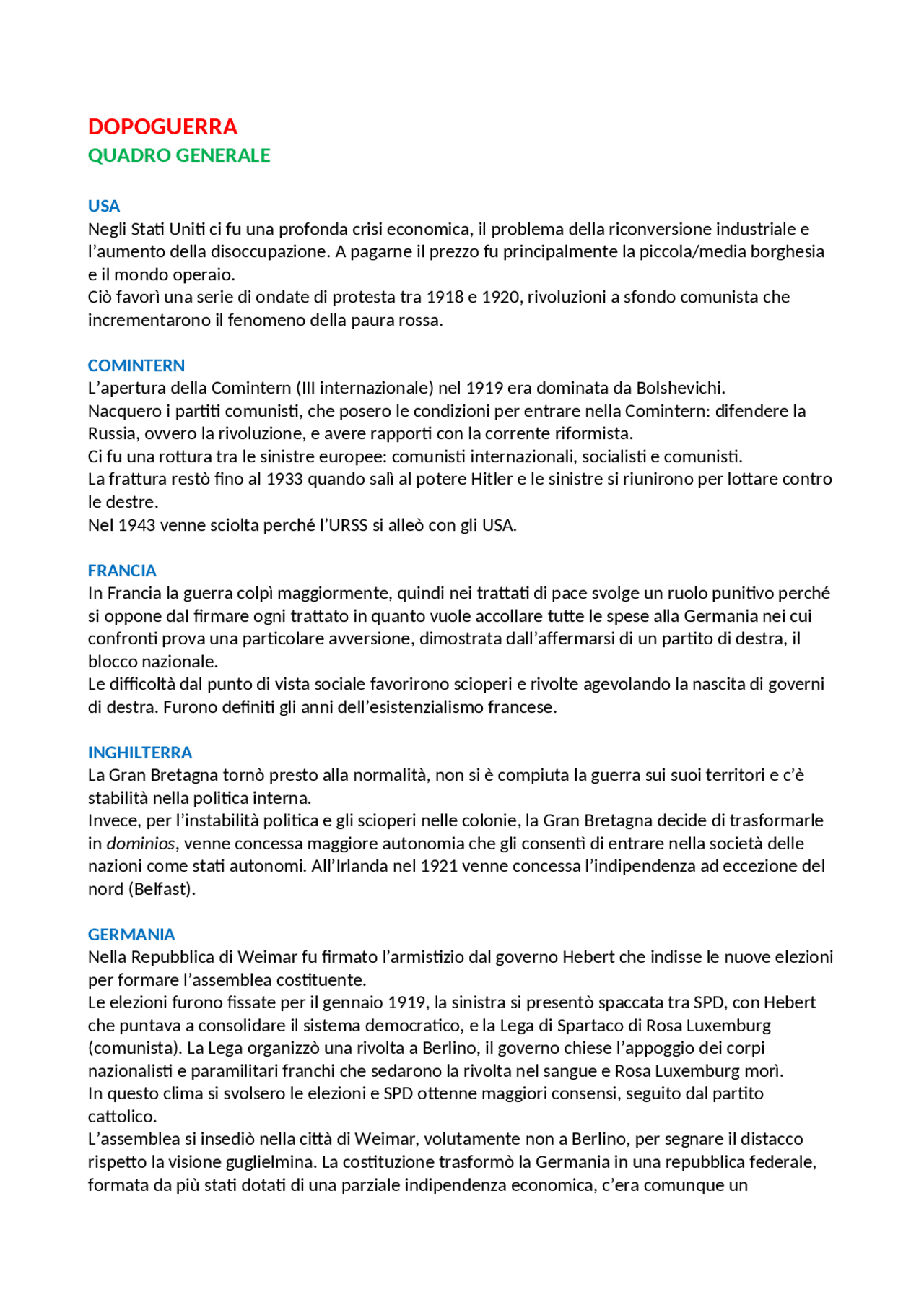 Riassuntoappunti Sul Primo Dopoguerra Docsity