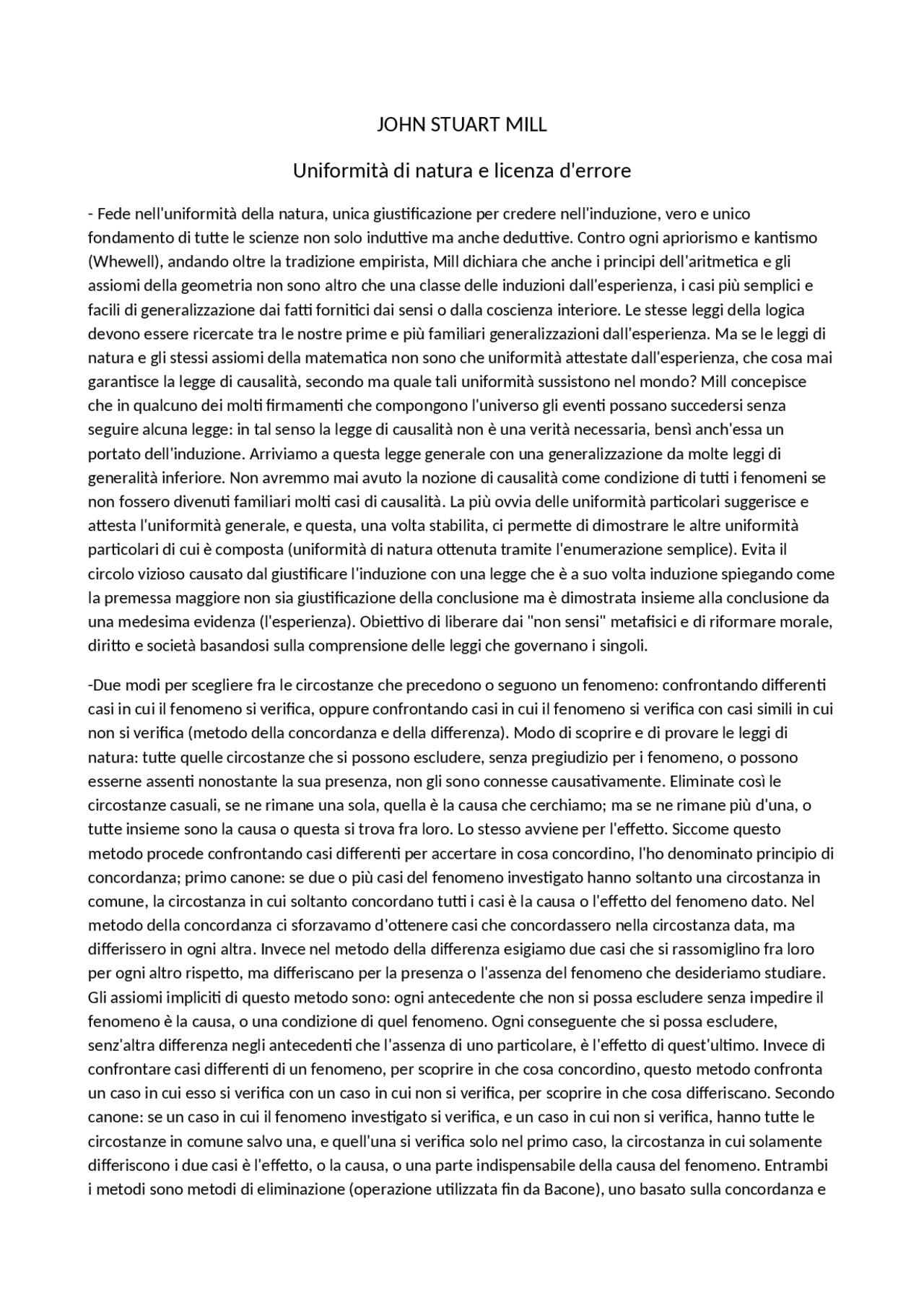 Stuart mill (causalità) - Docsity