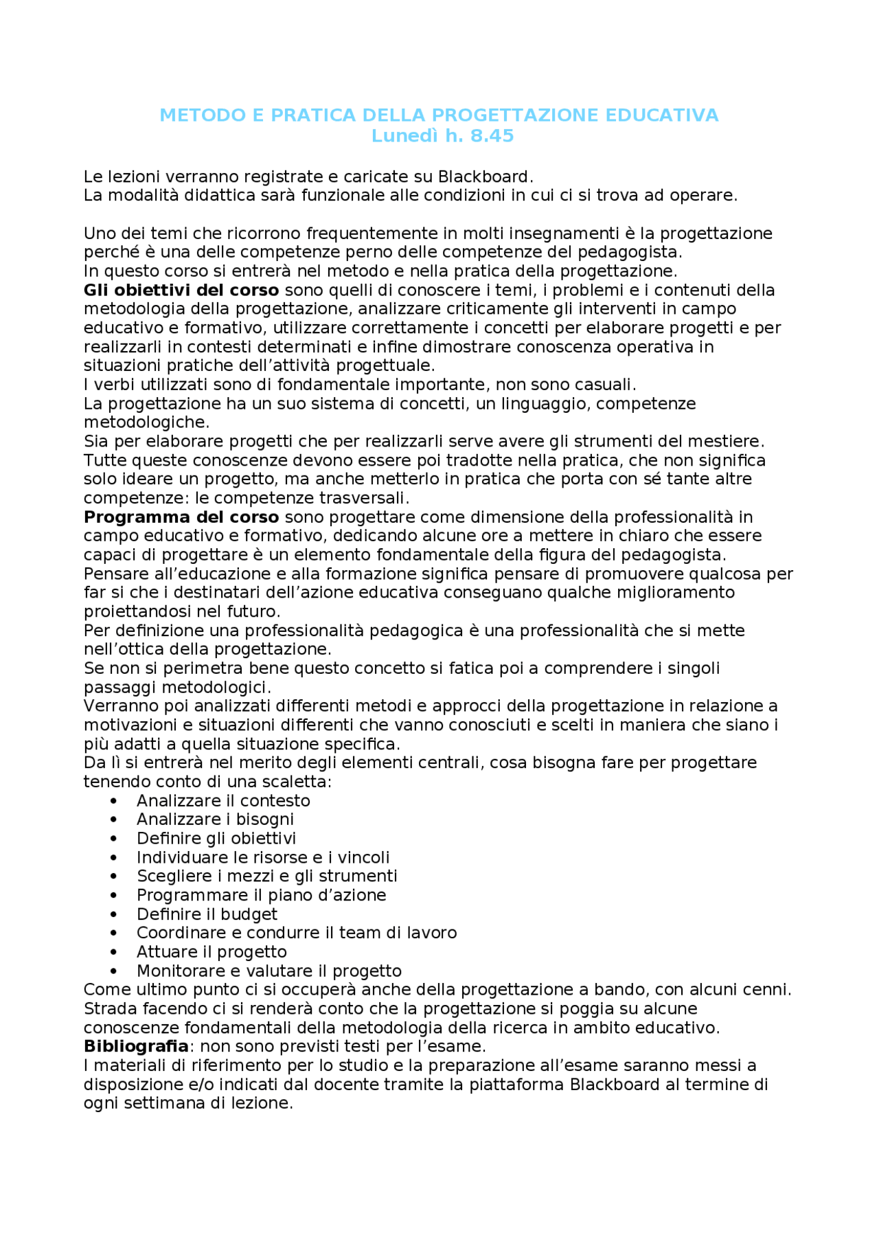 Metodo E Pratica Della Progettazione Educativa Appunti Docsity