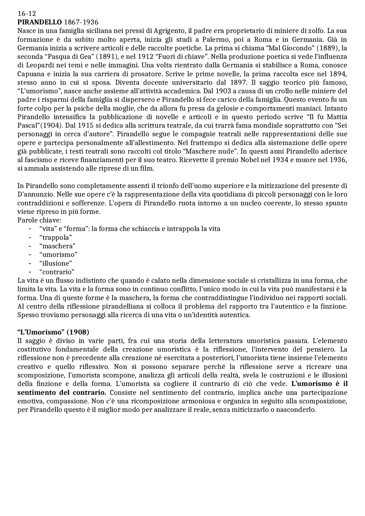 Appunti Su Pirandello Docsity