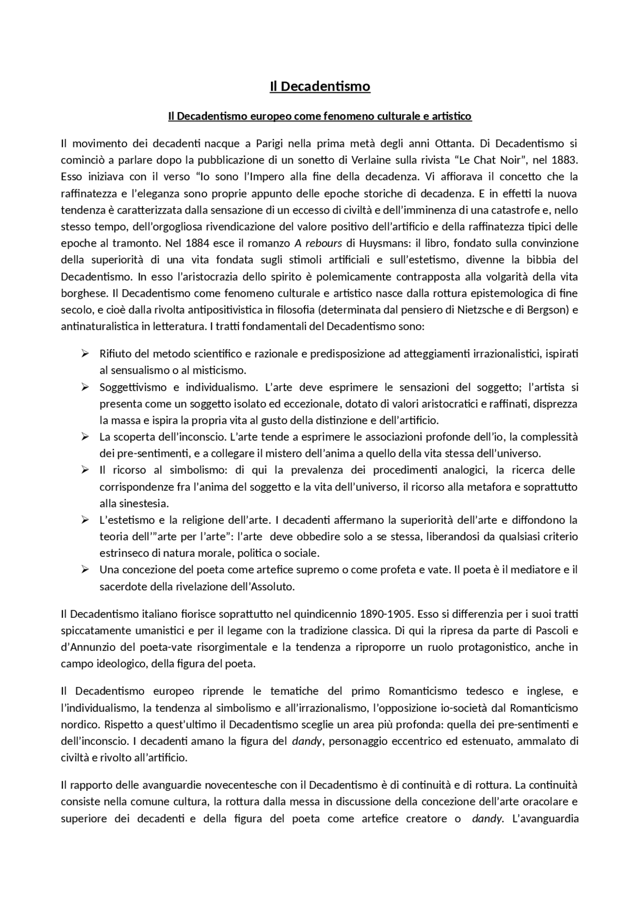 Letteratura Italiana Il Decadentismo Docsity