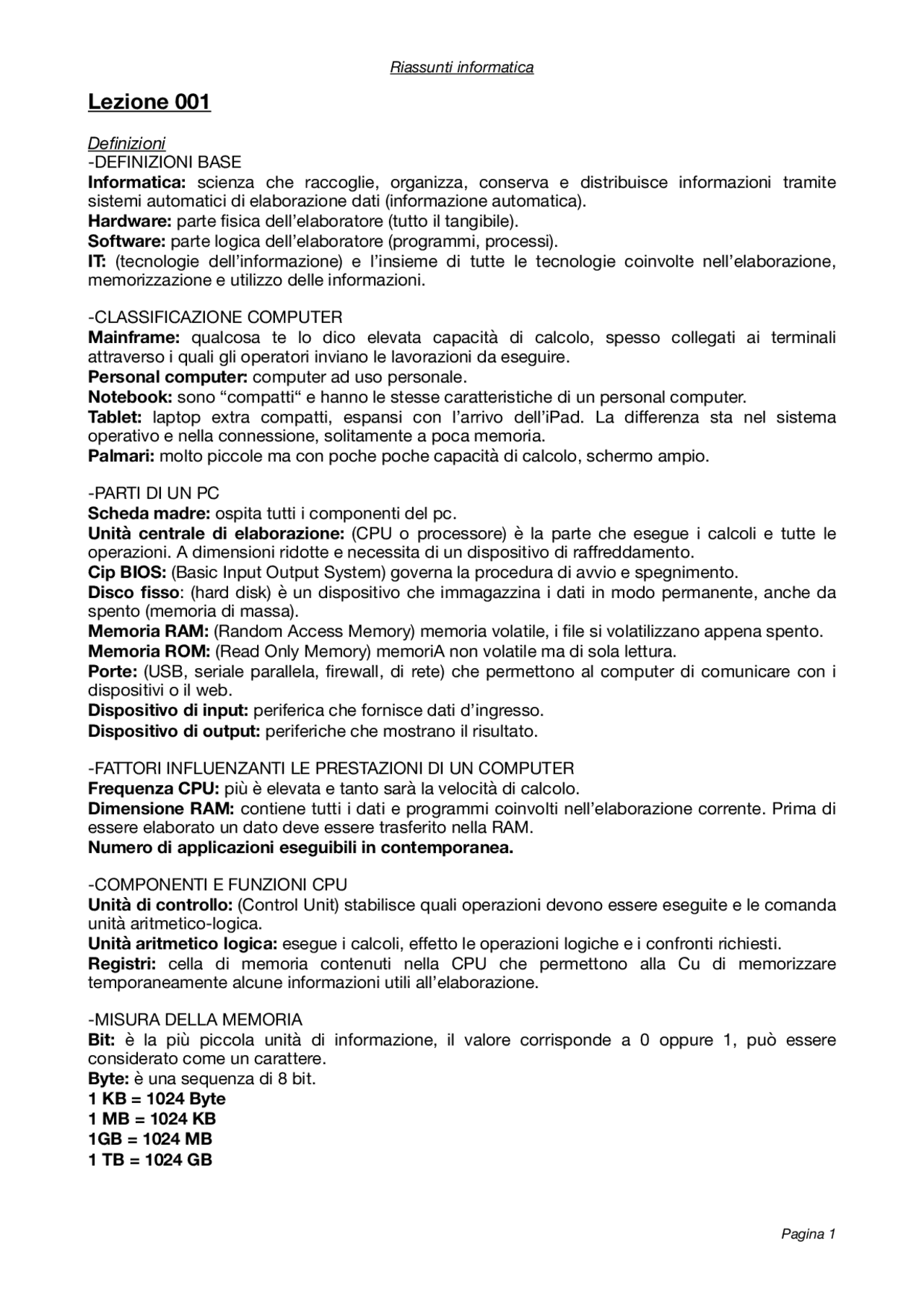 Riassunti Fondamenti Informatica 2020 2021 Docsity