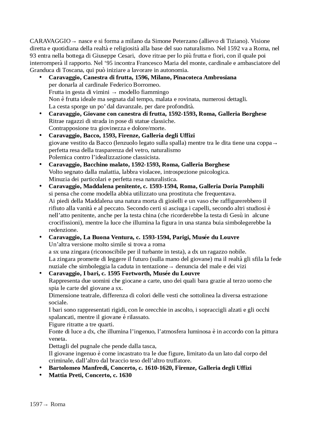 CARAVAGGIO Riassunto con analisi di opere principali | Appunti di Storia Dell'arte | Docsity