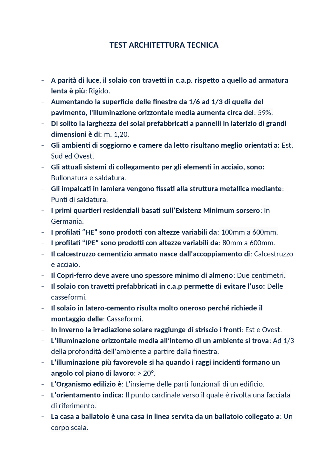 Test Autovalutazione Architettura Tecnica Unipegaso Docsity