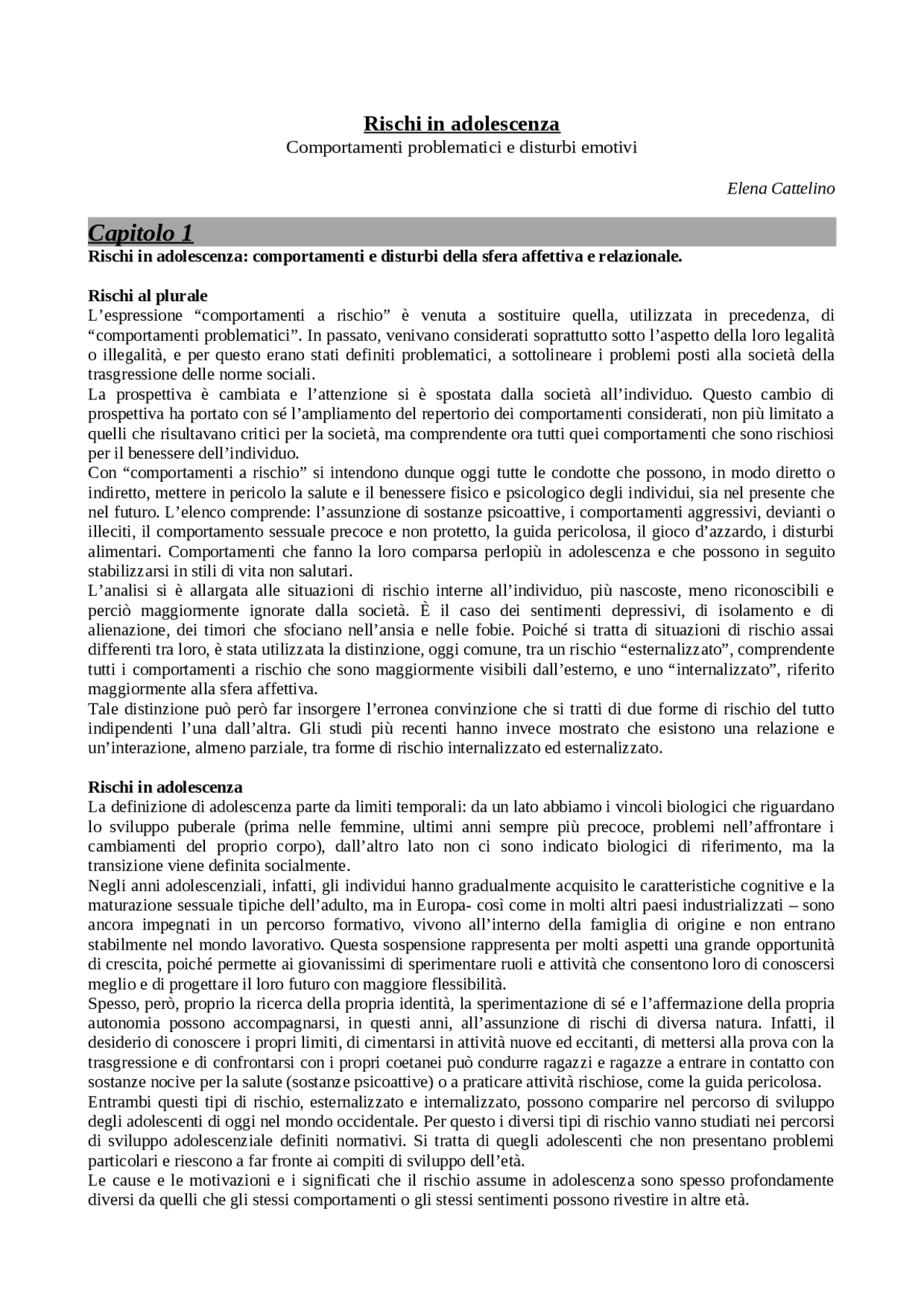 Riassunto Libro Rischi In Adolescenza Docsity